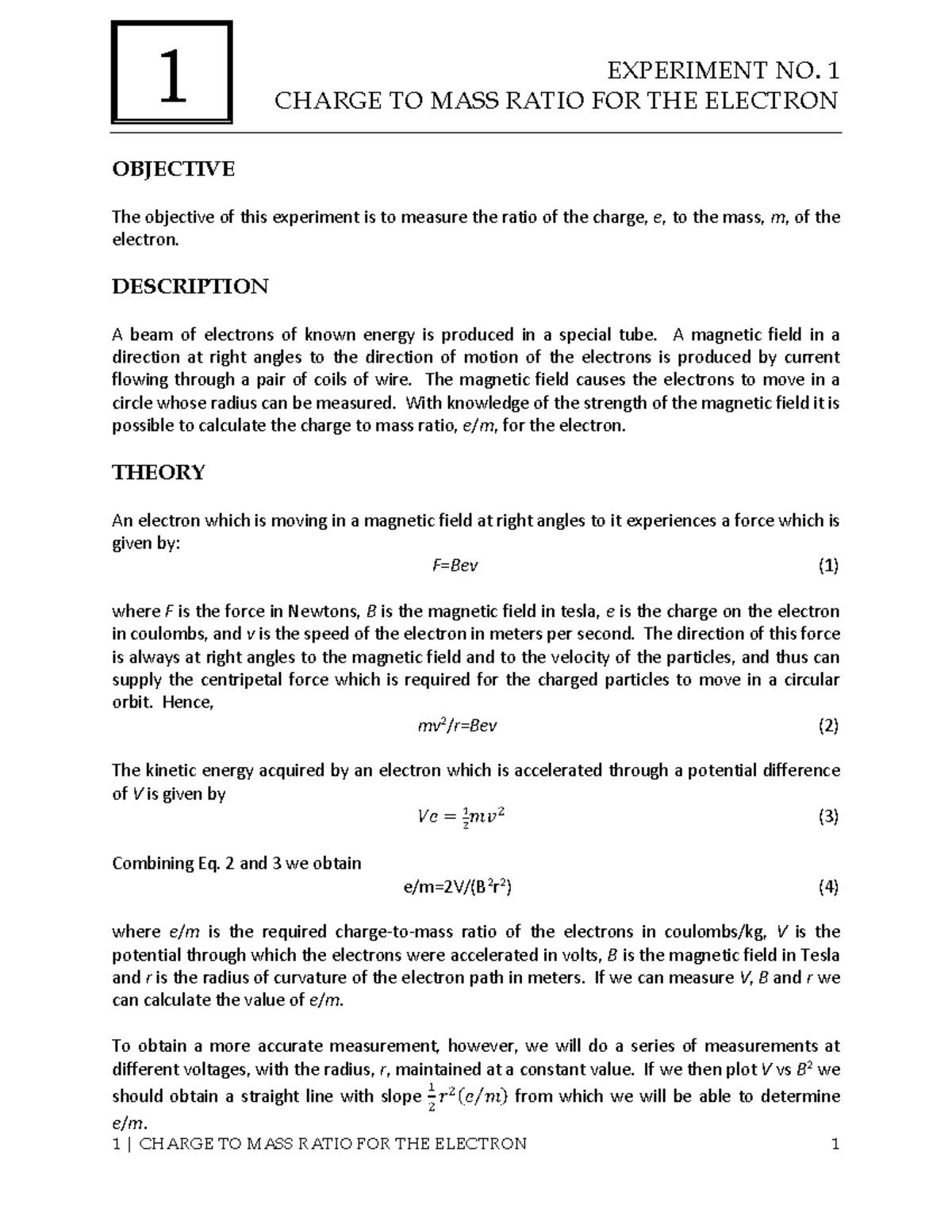 Exp 1 e over m Instructions - EXPERIMENT NO. 1 CHARGE TO MASS RATIO FOR ...