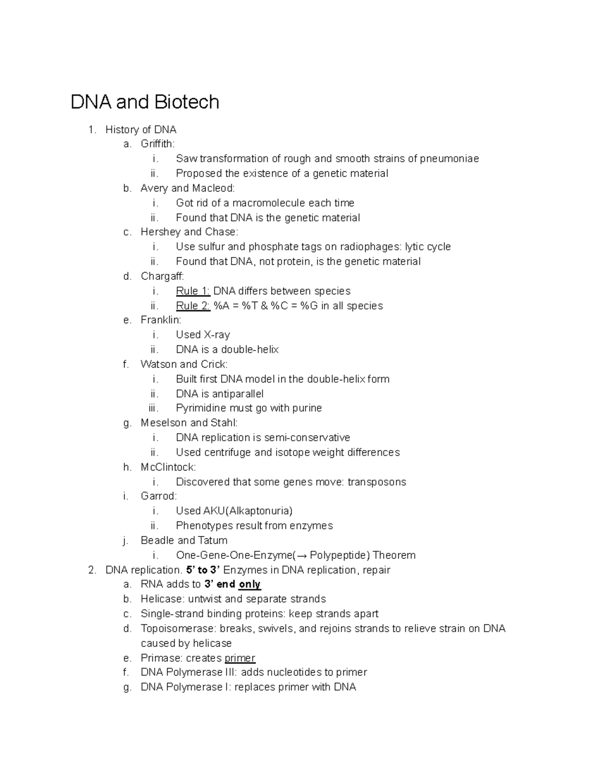 DNA and Biotech notes (1 of 2) - DNA and Biotech History of DNA a ...