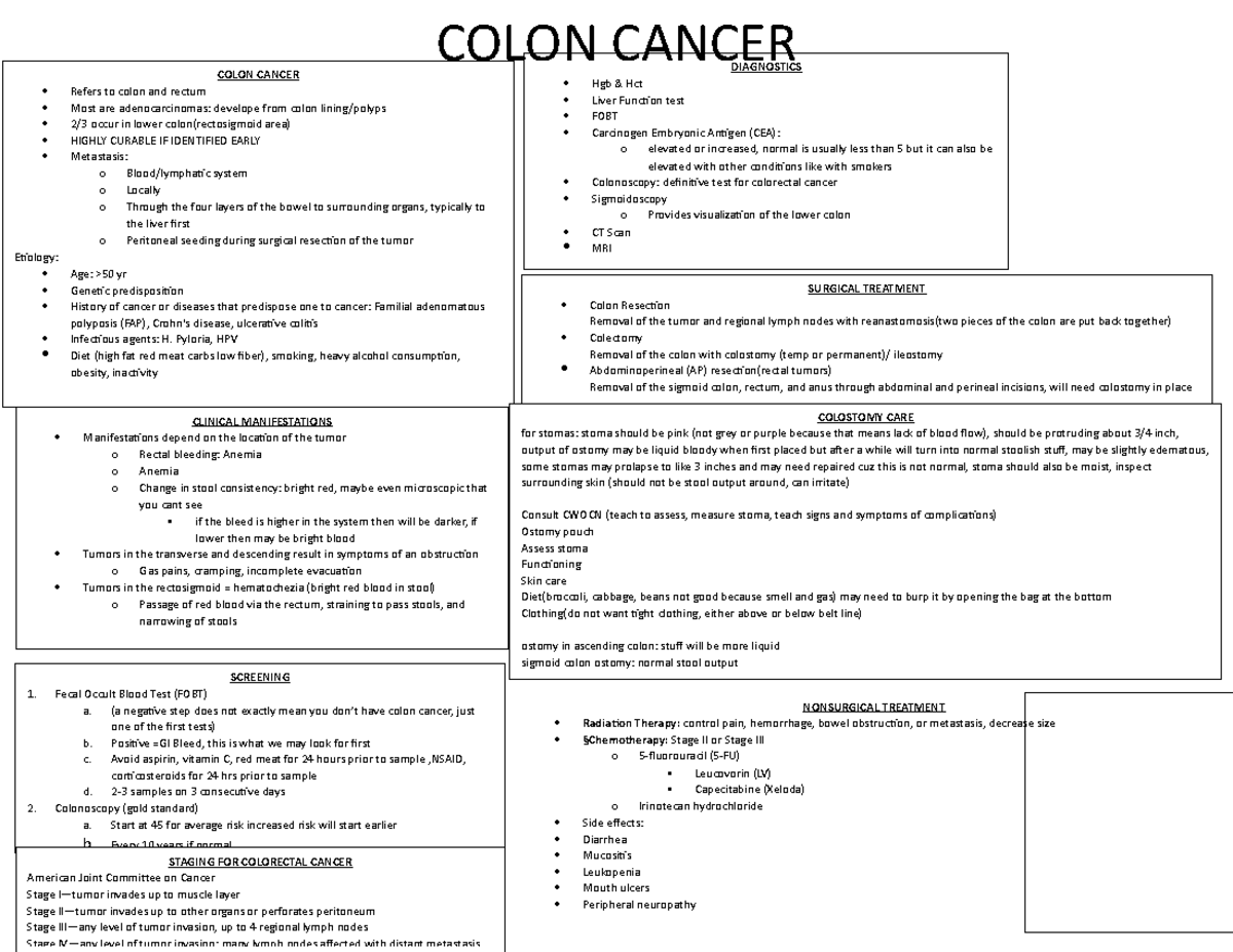 Colon Cancer - Lecture notes from adult health 1 - CLINICAL ...