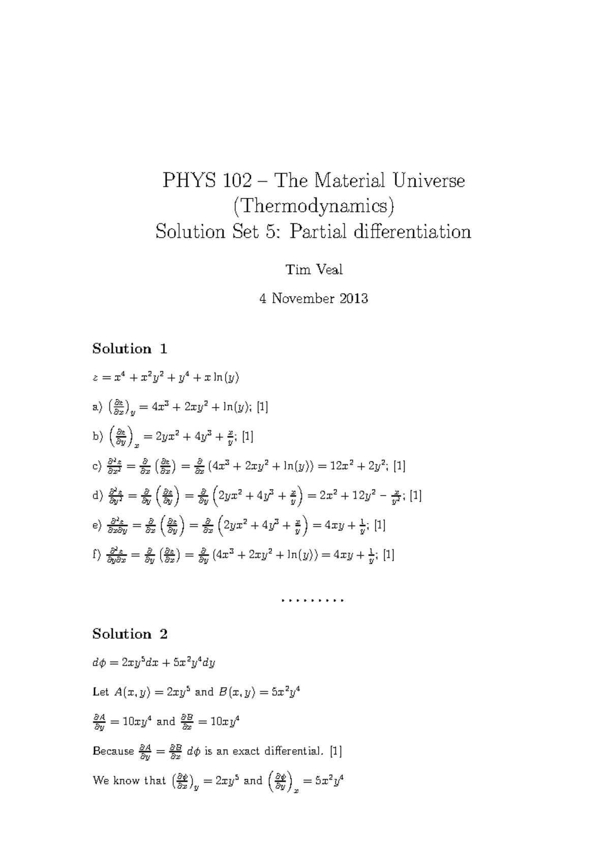 PHYS102 solutions 5 - PHYS 102 – The Material Universe (Thermodynamics ...