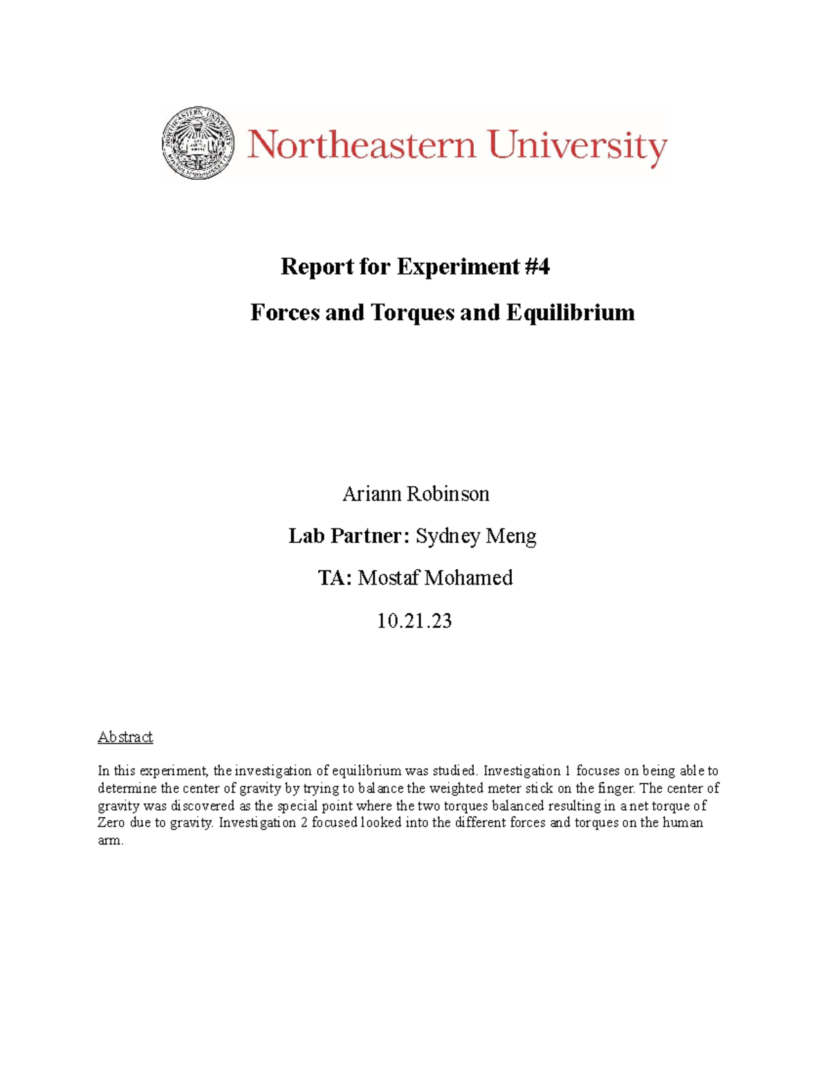 LAB 3 Report - Chem lab rerpot - Report for Experiment # 4 Forces and ...