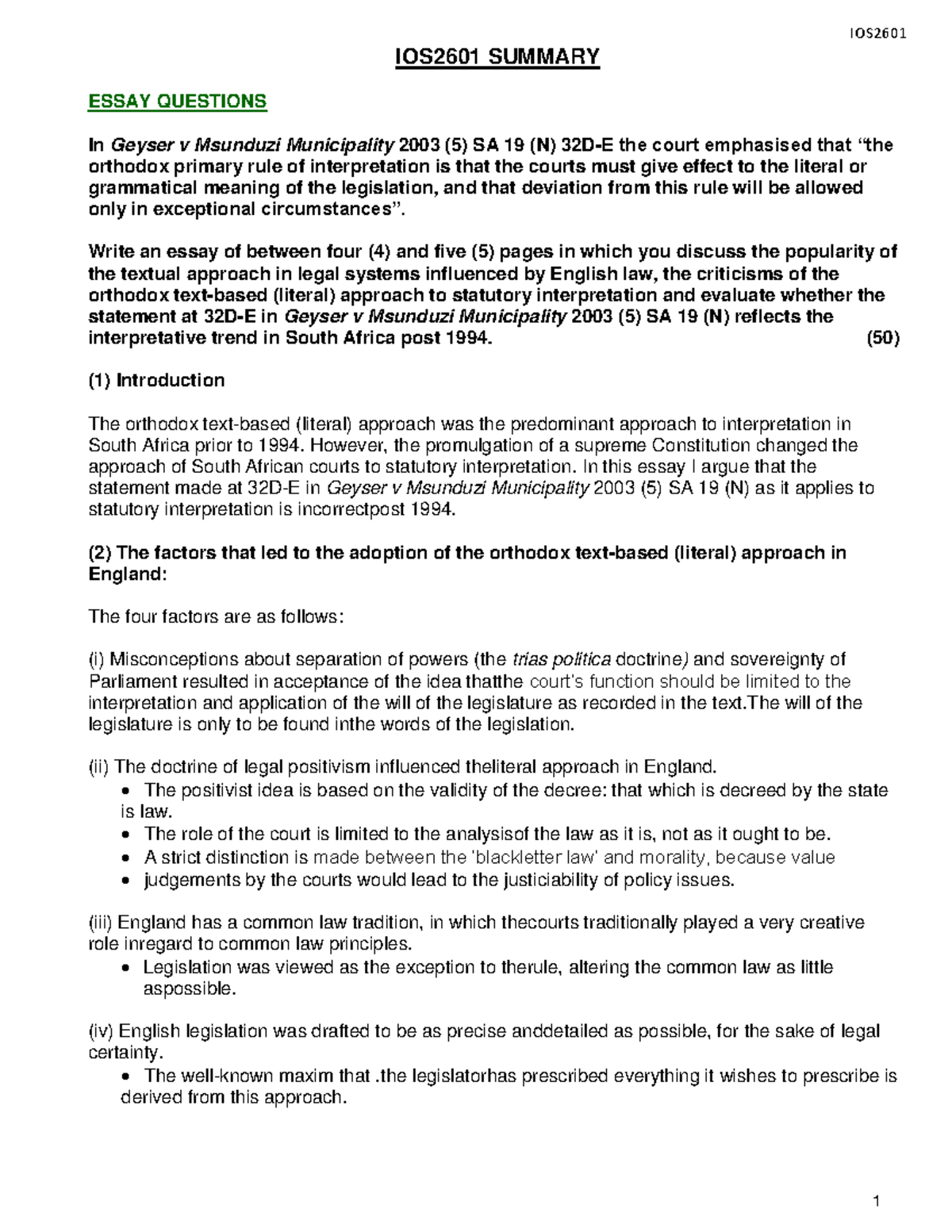 IOS2601 Summary Essay Questions And Answers IOS2601 SUMMARY ESSAY