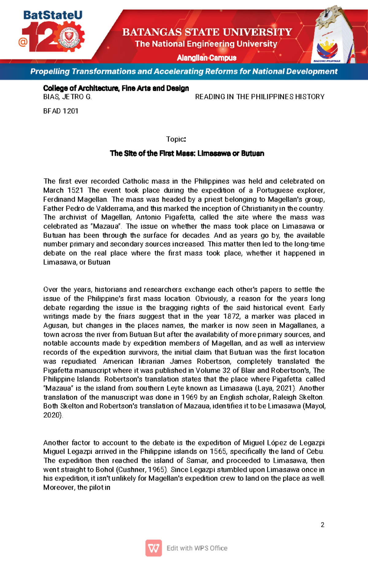 The Site of the First Mass Limasawa or Butuan - College of Architecture ...