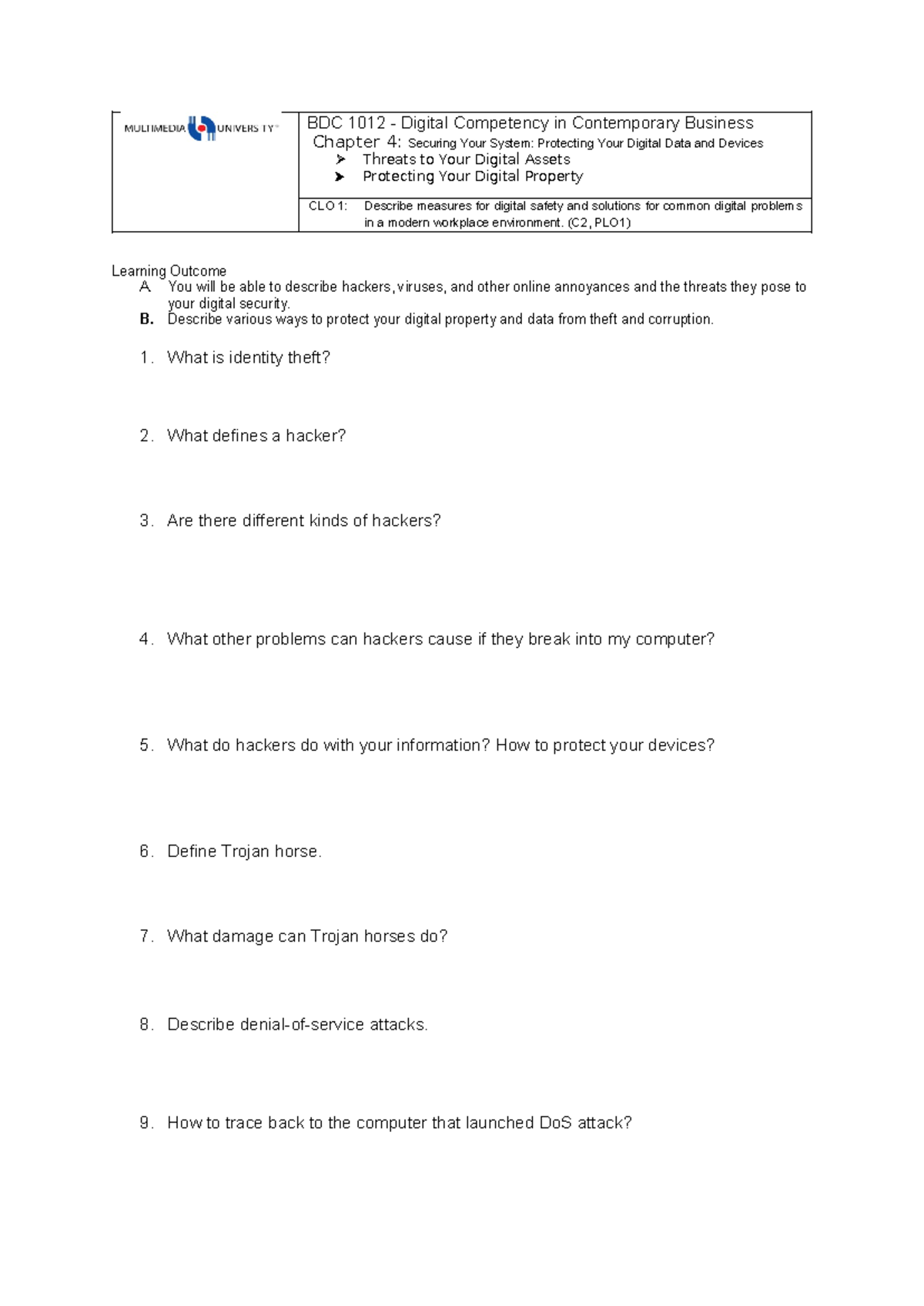 Chapter 4 Safety in Digital World Exercise Student copy - BDC 1012 ...