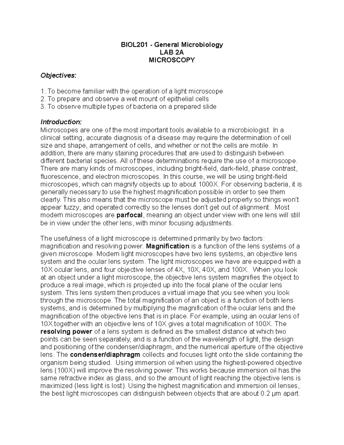 BIOL201 LAB2A Microscope (1)-1 - BIOL201 - General Microbiology LAB 2A ...