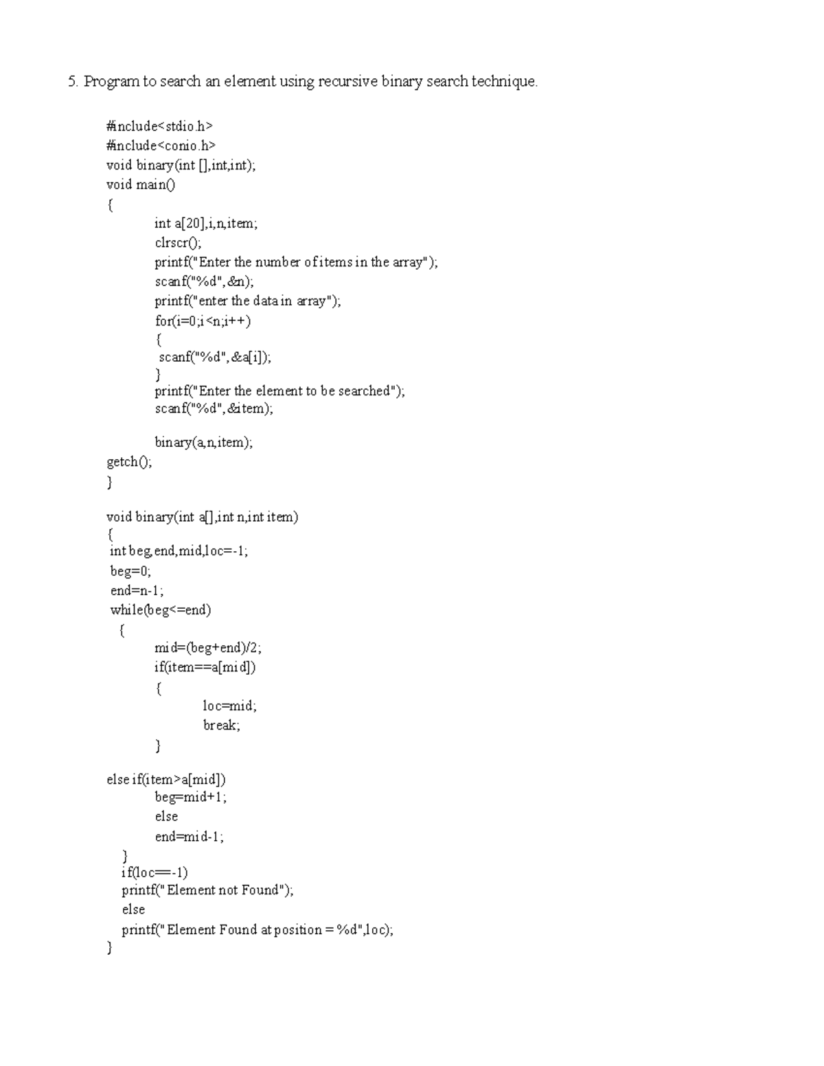 DS LAB(5) - Practical Exercise 5 - #include #include void binary(int - Studocu
