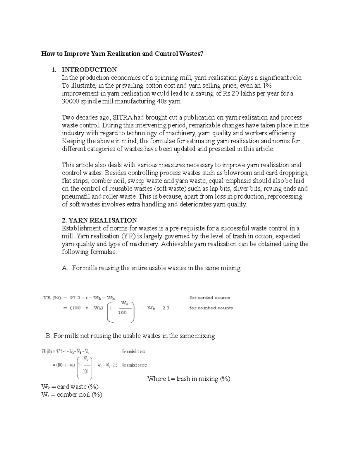 How to Improve Yarn Realization and Control Wastes - INTRODUCTION In ...