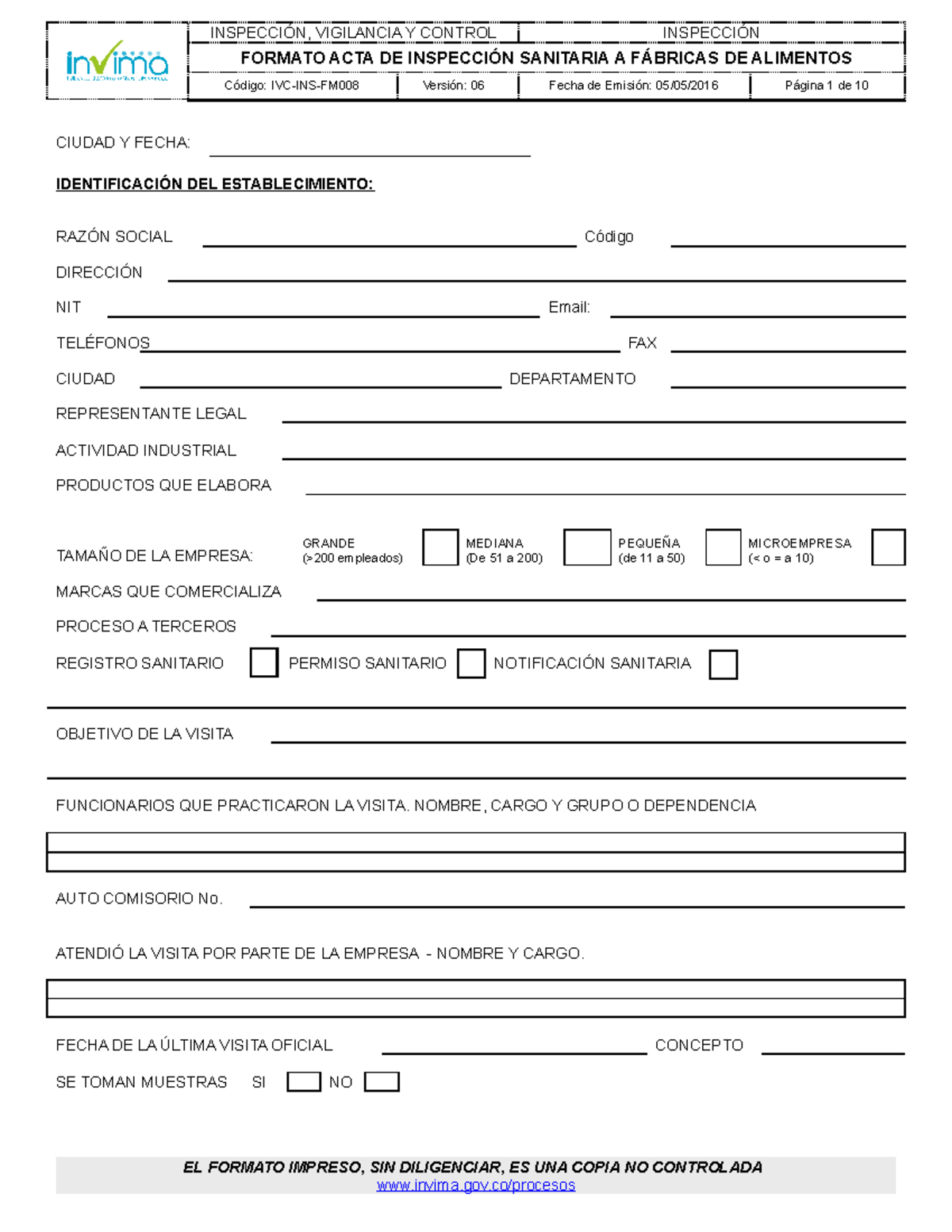 0 ACTA Invima Plantas Actual IVC-INS-FM008 - FORMATO ACTA DE INSPECCIÓN SANITARIA A FÁBRICAS DE ...