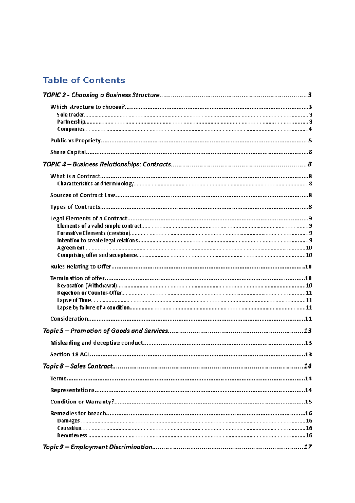 Notes - Table of Contents TOPIC 2 - Choosing a Business - Studocu