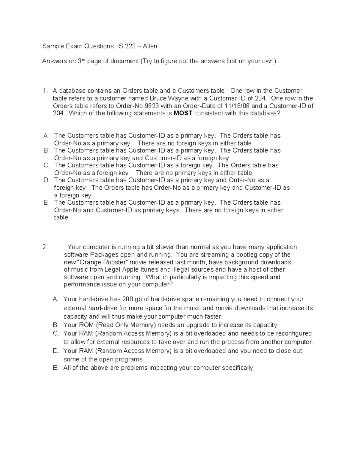 Sample MC Exam Questions and Answers -Allen-IS 223 - Sample Exam ...