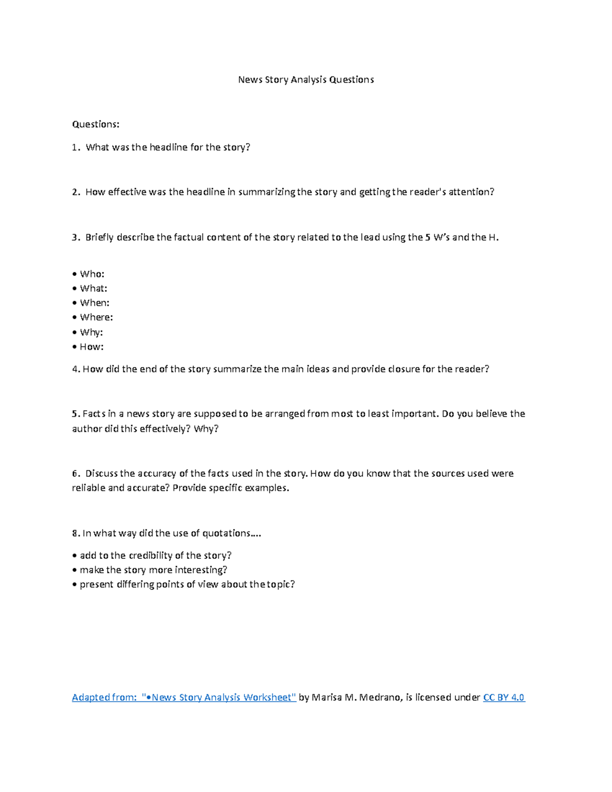 News Story Analysis Questions - News Story Analysis Questions Questions ...