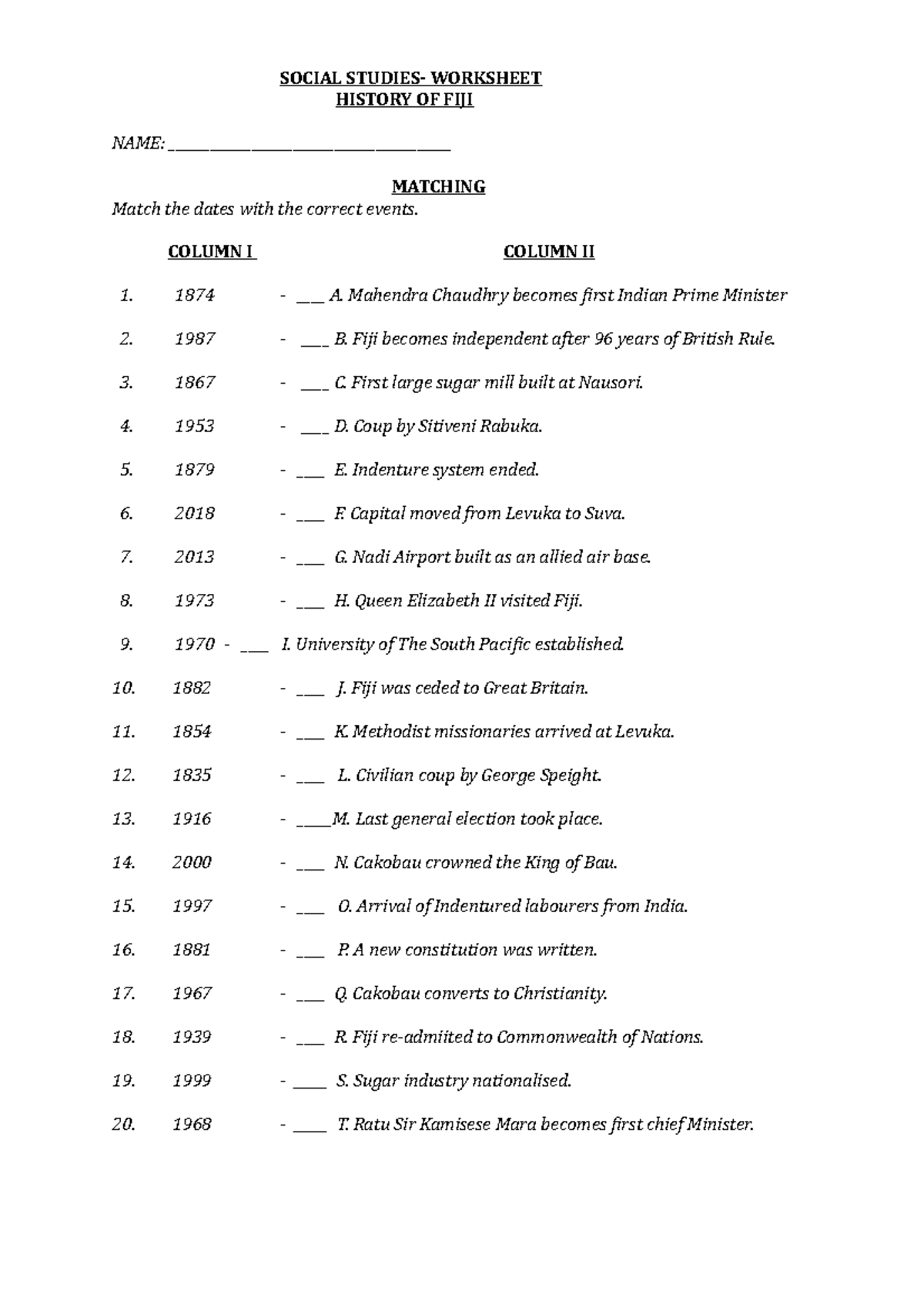 History of fiji - Tutorial work - SOCIAL STUDIES- WORKSHEET HISTORY OF ...