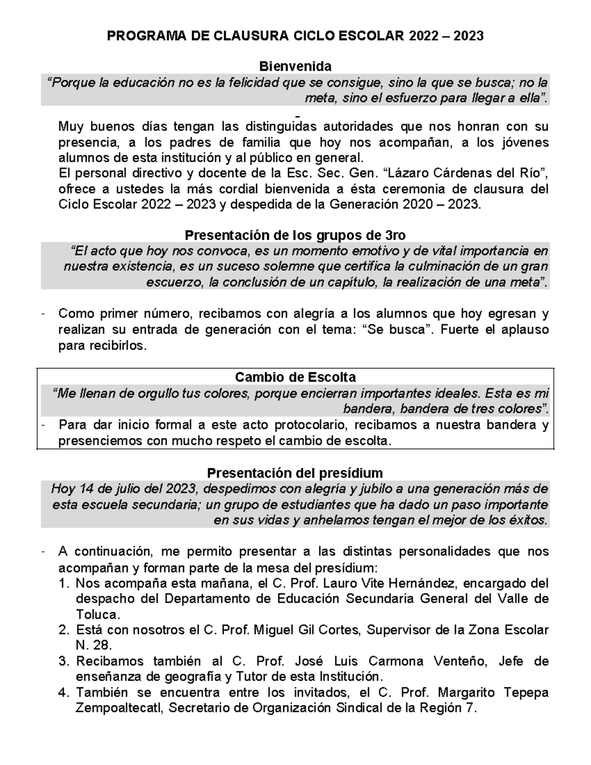 Programa DE Clausura 2023 - PROGRAMA DE CLAUSURA CICLO ESCOLAR 2022 ...