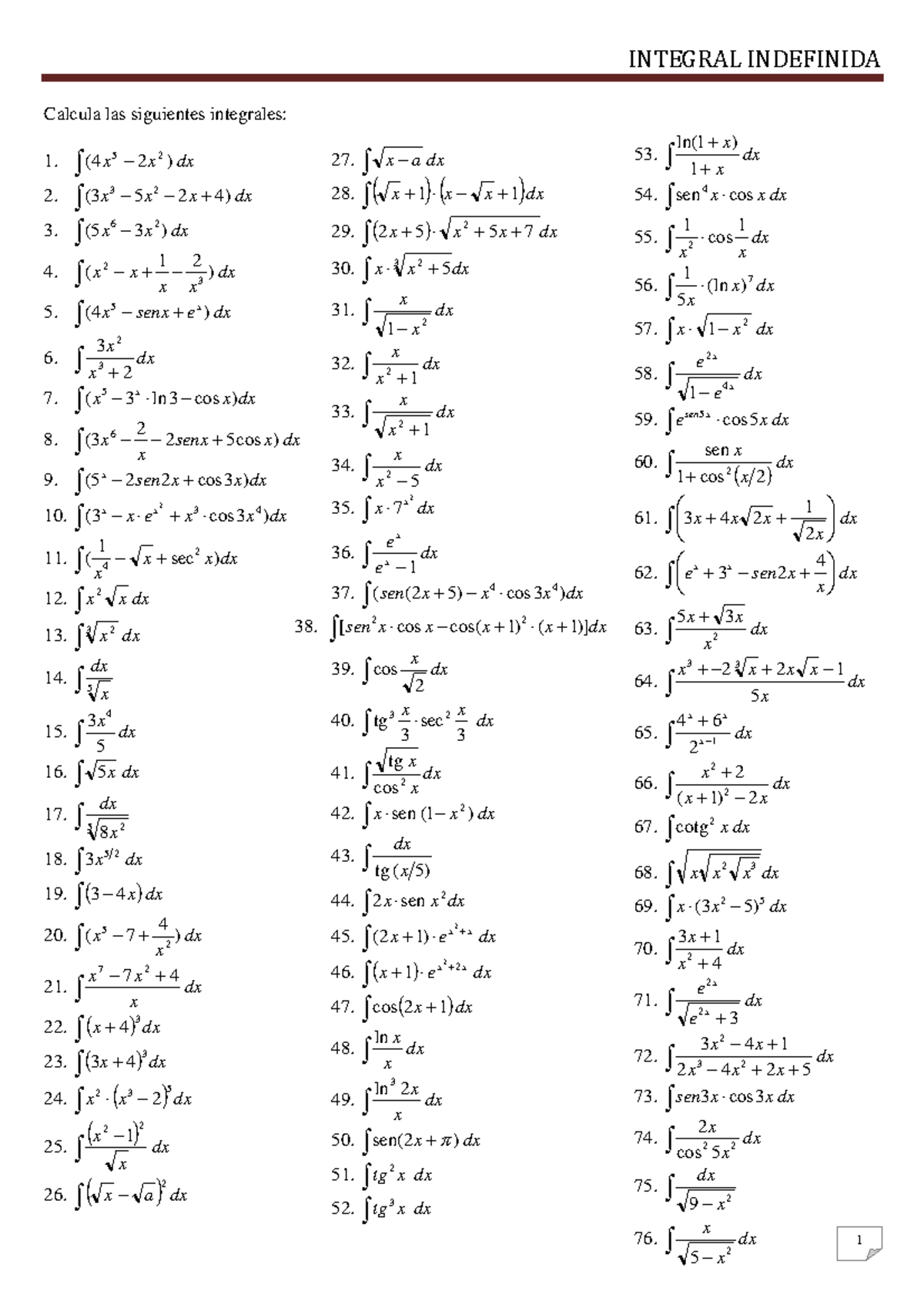 Primitivas - INTEGRAL INDEFINIDA 1 Calcula las siguientes integrales: 1 ...