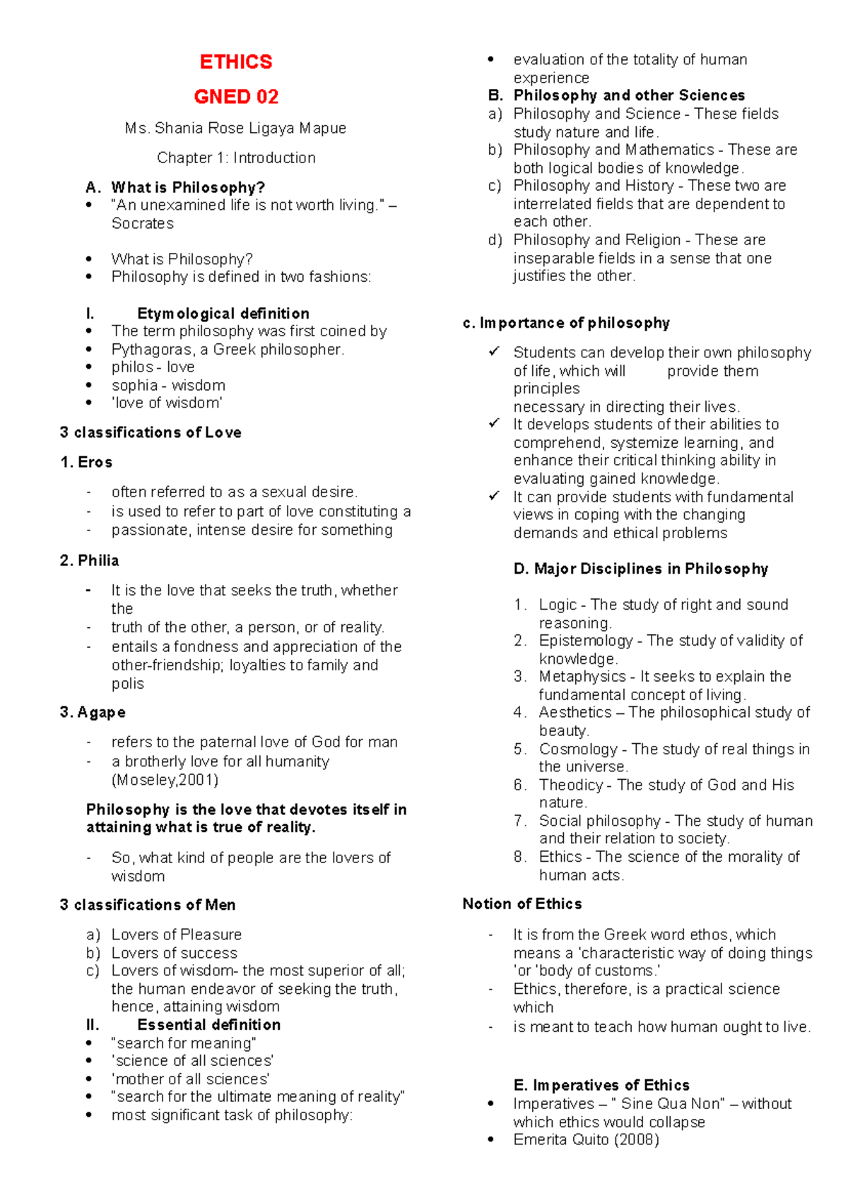 GNED 02 - Ethics ( Final Reviewer) - ETHICS GNED 02 Ms. Shania Rose Ligaya Mapue Chapter 1 ...