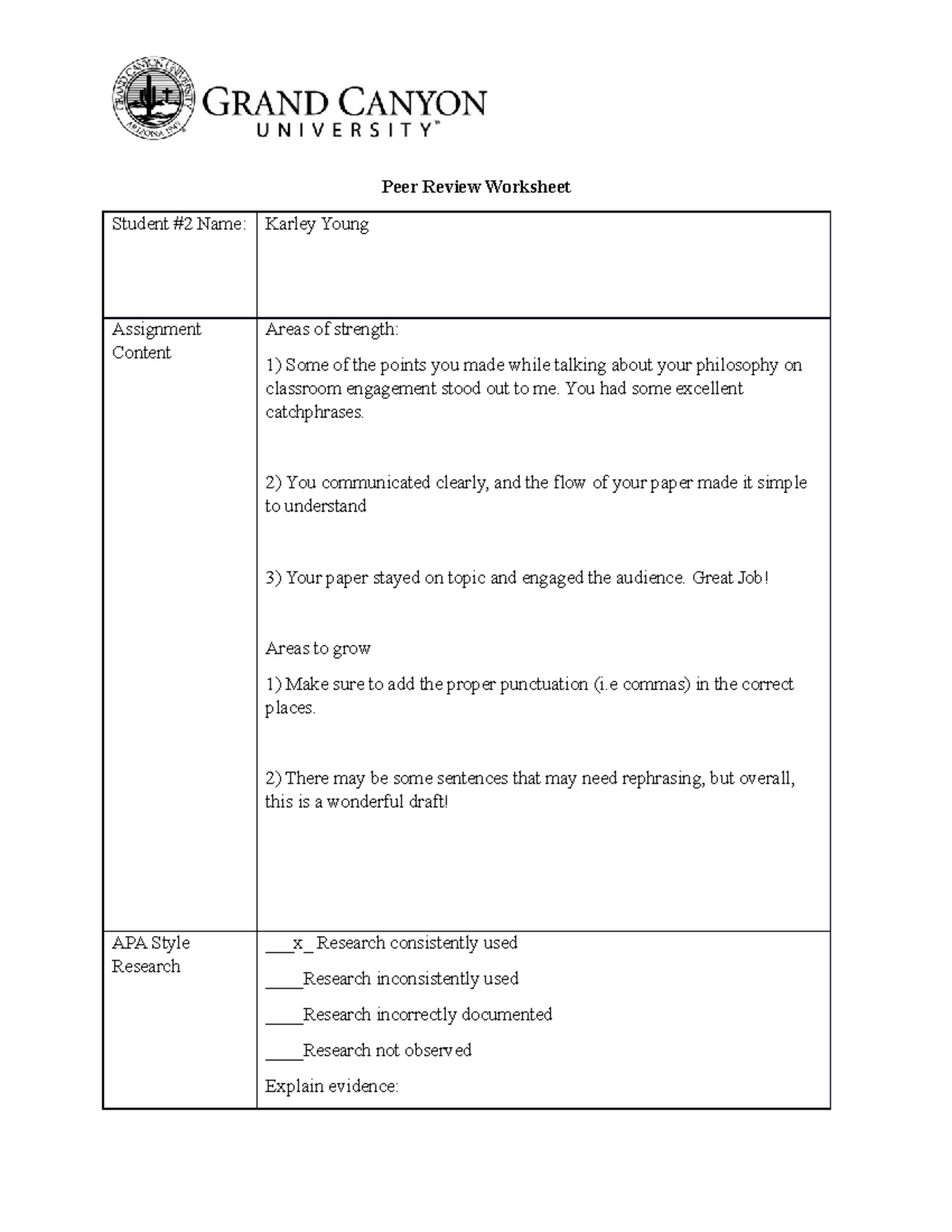 Karley's Peer Review - Peer Review Worksheet Student #2 Name: Karley ...