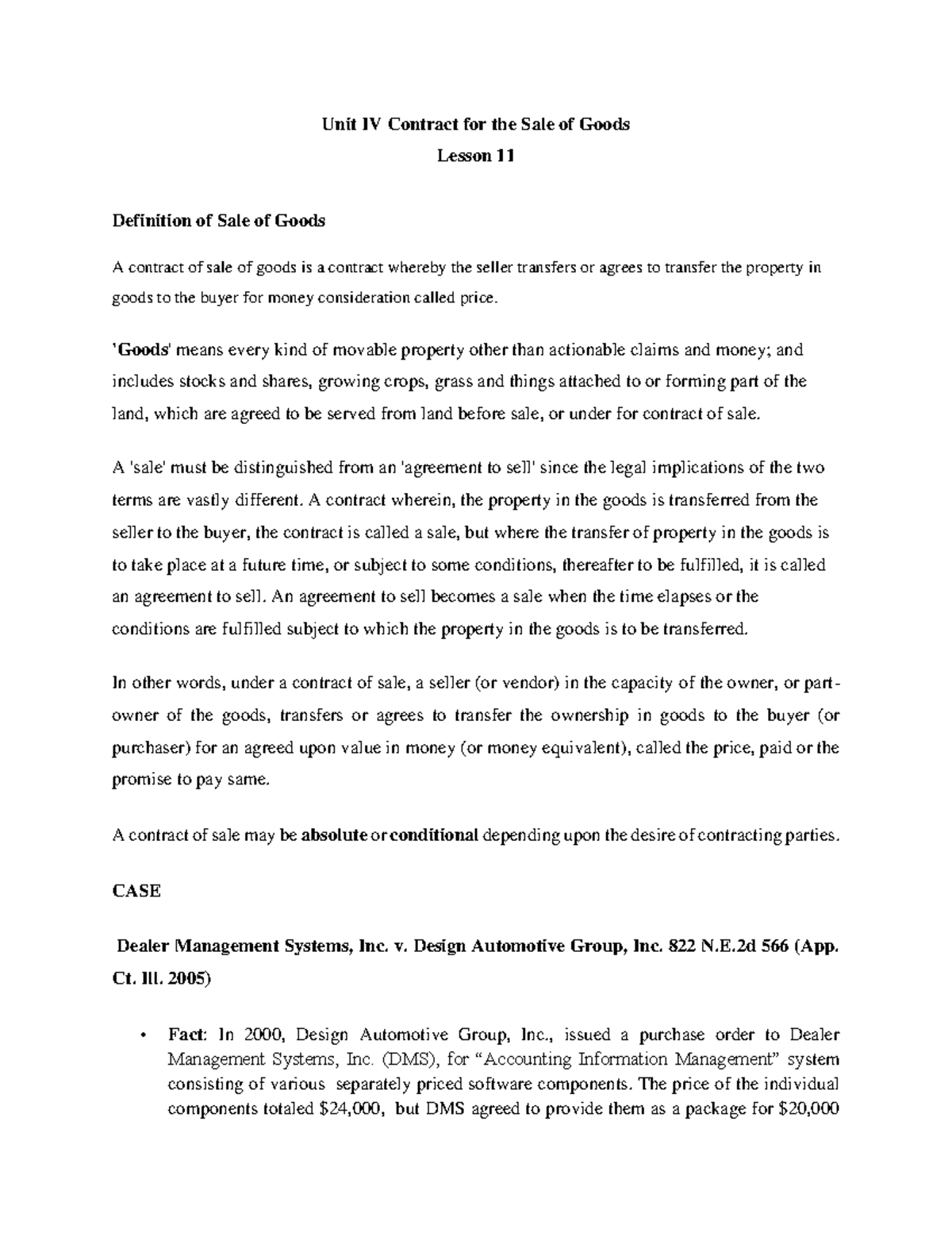 BLAW2401 Lesson 11 - law - Unit IV Contract for the Sale of Goods ...