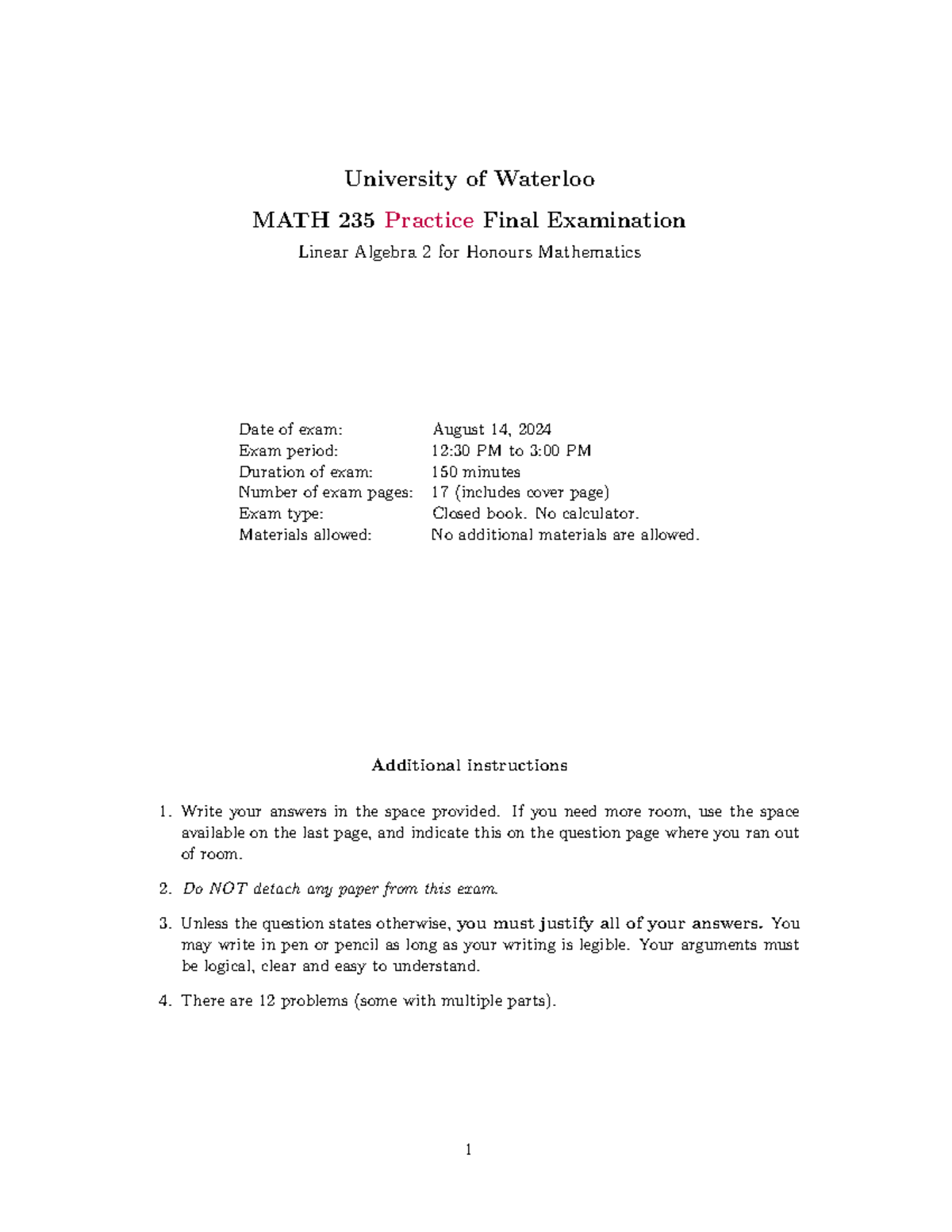 Math235-s24-Exam practice final - University of Waterloo MATH 235 ...