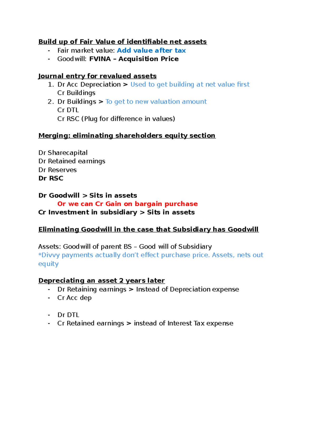 Key notes acct 2643 - Build up of Fair Value of identifiable net assets ...