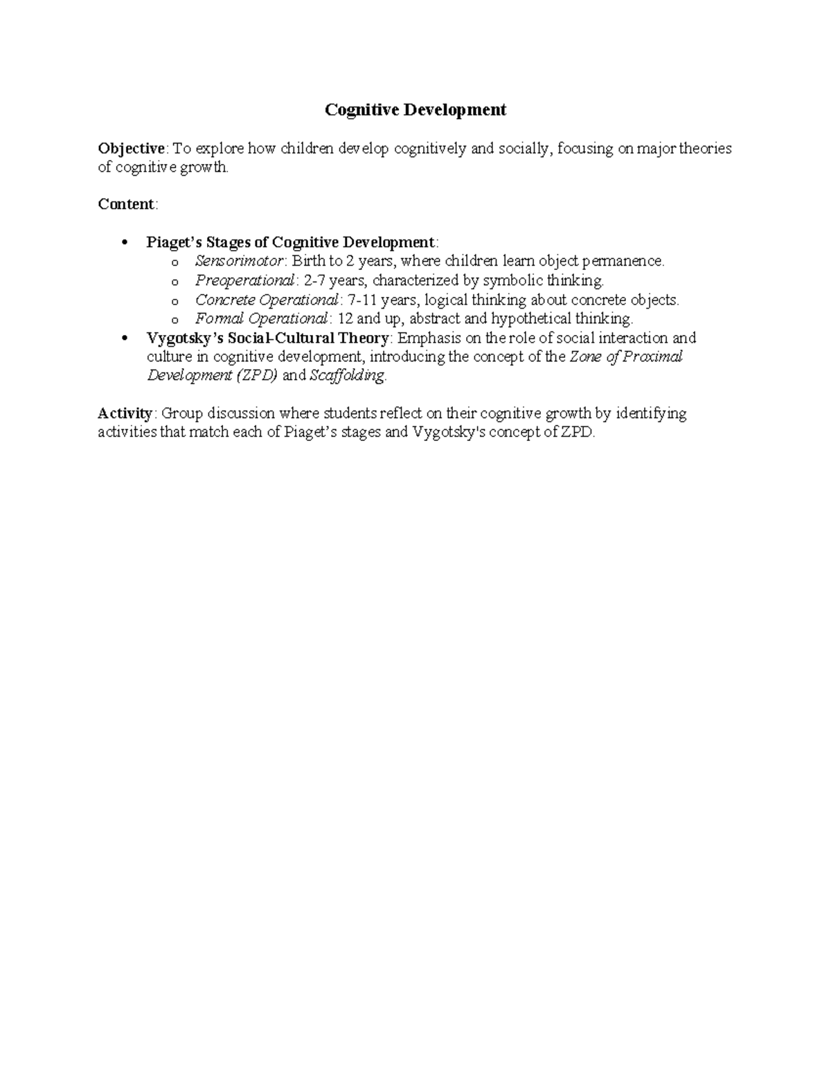 Cognitive Development Lesson - Cognitive Development Objective: To ...