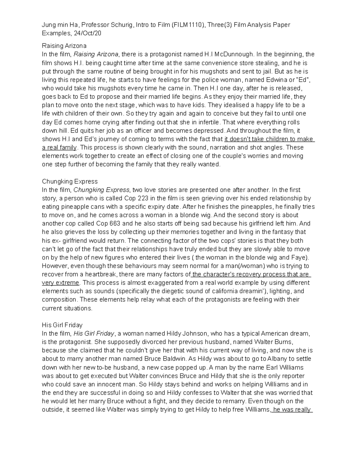 Three (3) Film Analysis Paper Examples - Jung min Ha, Professor Schurig ...