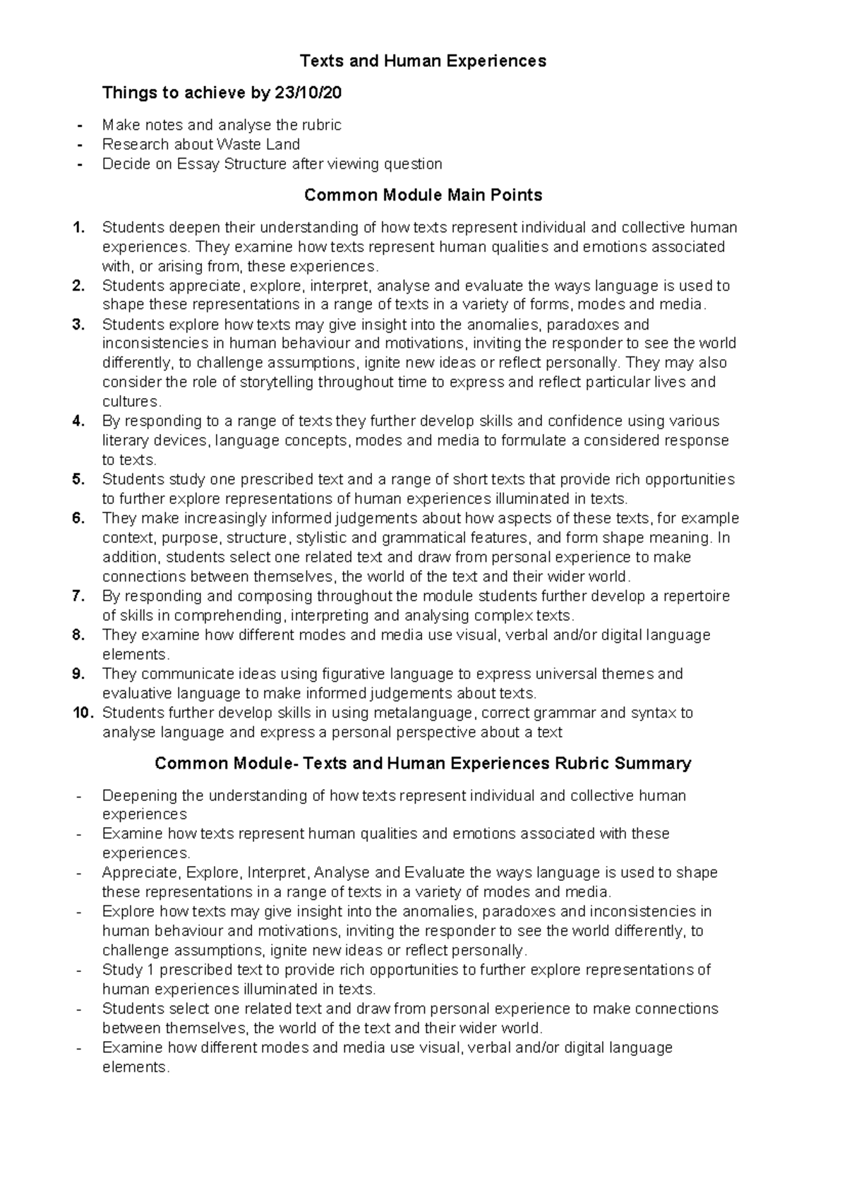 Texts and Human Experiences - Texts and Human Experiences Things to ...