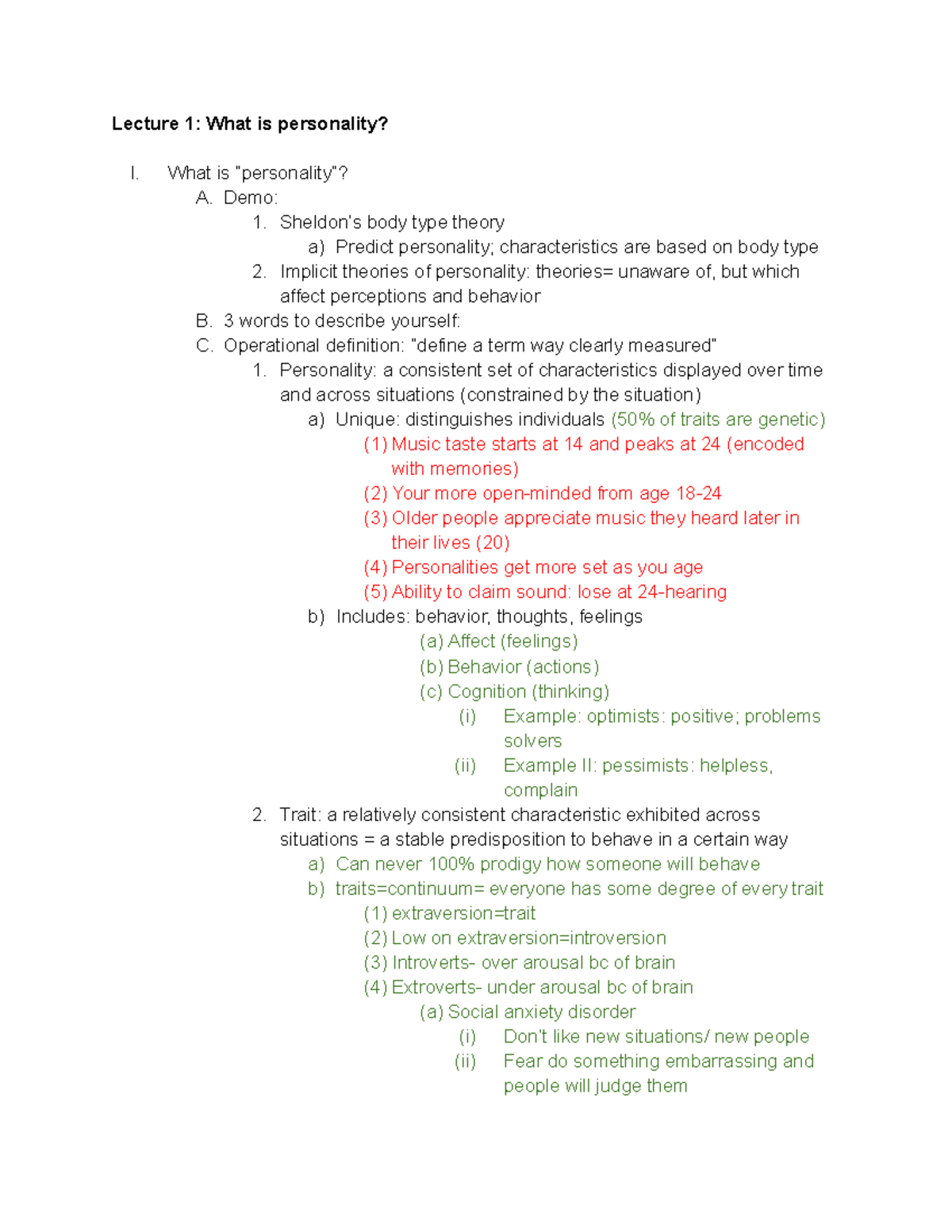 Psych 102 Module 1 Notes - Lecture 1: What is personality? I. What is