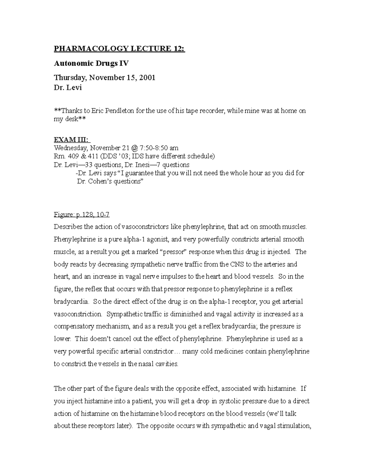 2001 Q1 Notes 12 Autonomic Drugs IV - PHARMACOLOGY LECTURE 12 ...