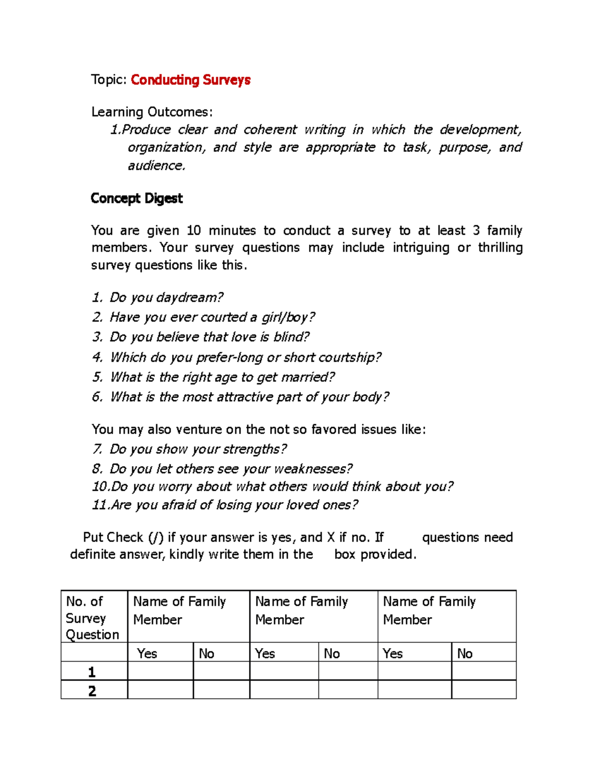 Conducting Surveys Topic Conducting Surveys Learning Outcomes 1