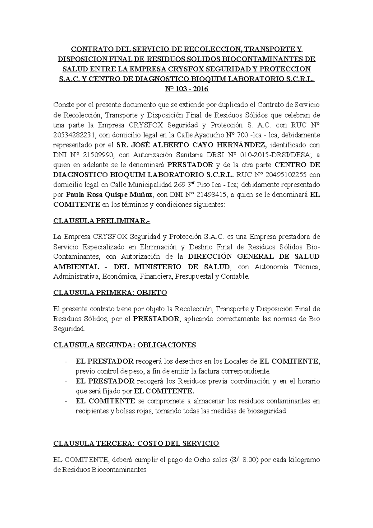 Crystox 103 - AFASF - CONTRATO DEL SERVICIO DE RECOLECCION, TRANSPORTE ...