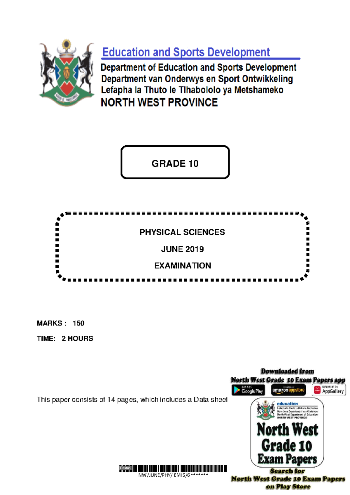 Physical Science GR 10 Paper - Demo MARKS : 150 TIME: 2 HOURS This ...