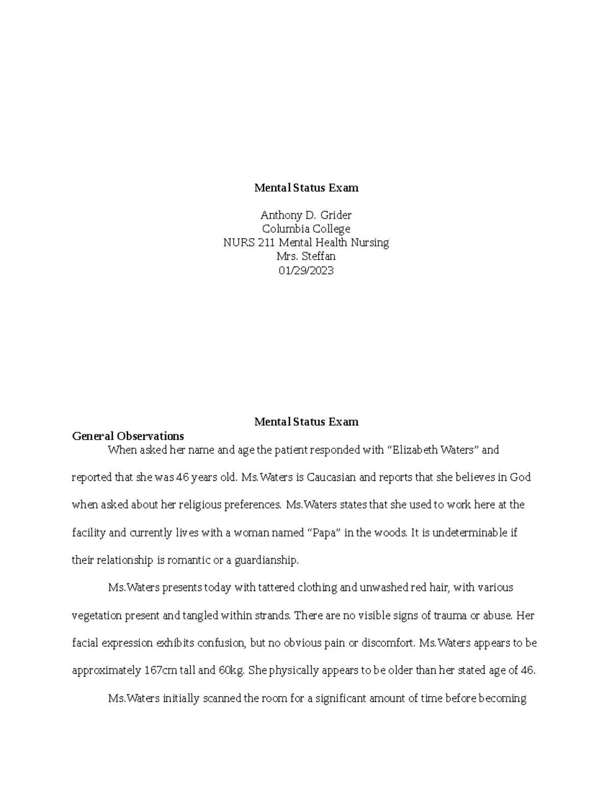 MSE - Mini-Mental Health Exam example - Mental Status Exam Anthony D ...