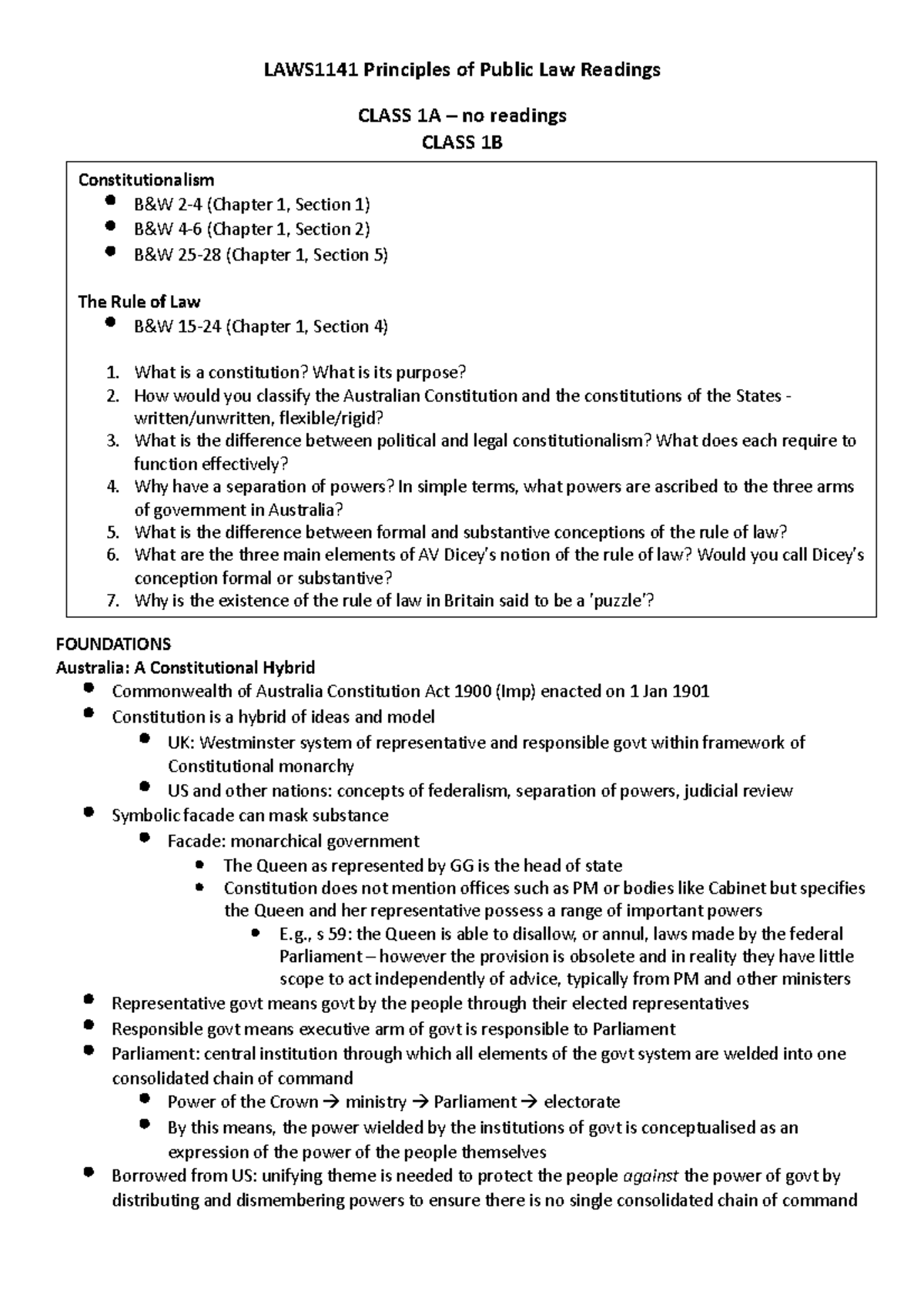 LAWS1141 readings - notes - LAWS1141 Principles of Public Law Readings ...