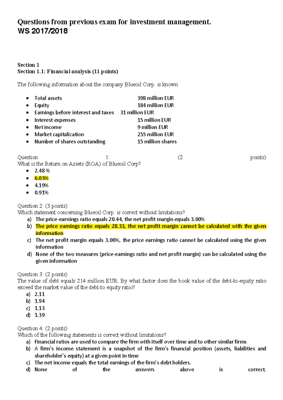 Investment and Finantial Management WS 2017-2018 - Questions from ...