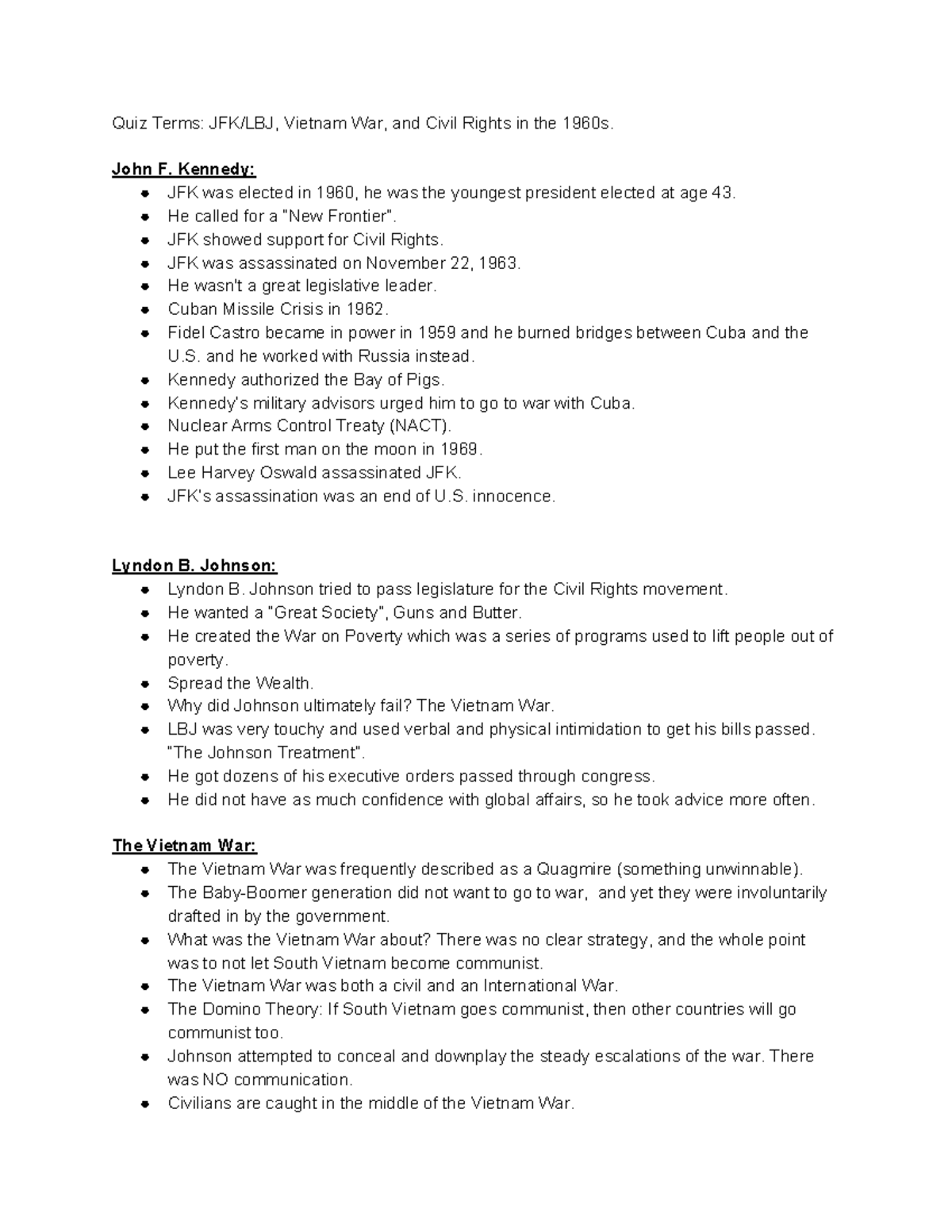 US History Notes Summary 3 - Quiz Terms: JFK/LBJ, Vietnam War, and ...