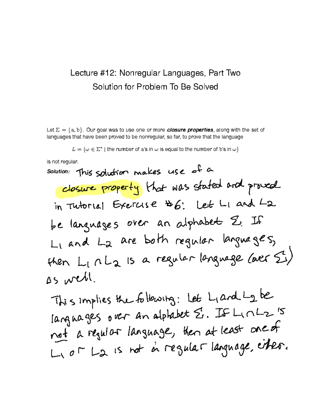 L12 presentation solution completed - Lecture #12: Nonregular Languages ...