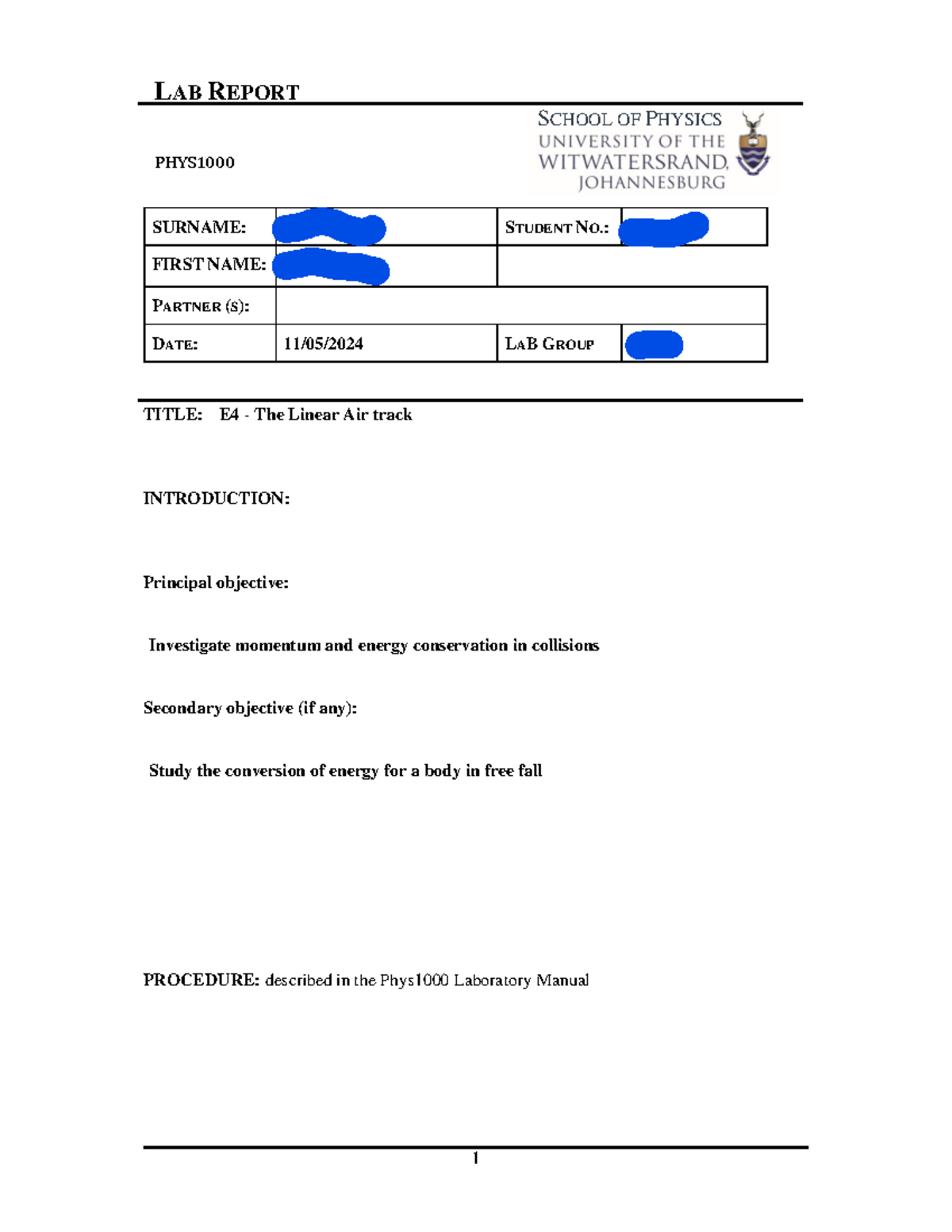 Experiment 4 The linear air track - LAB REPORT SCHOOL OF PHYSICS PHYS ...