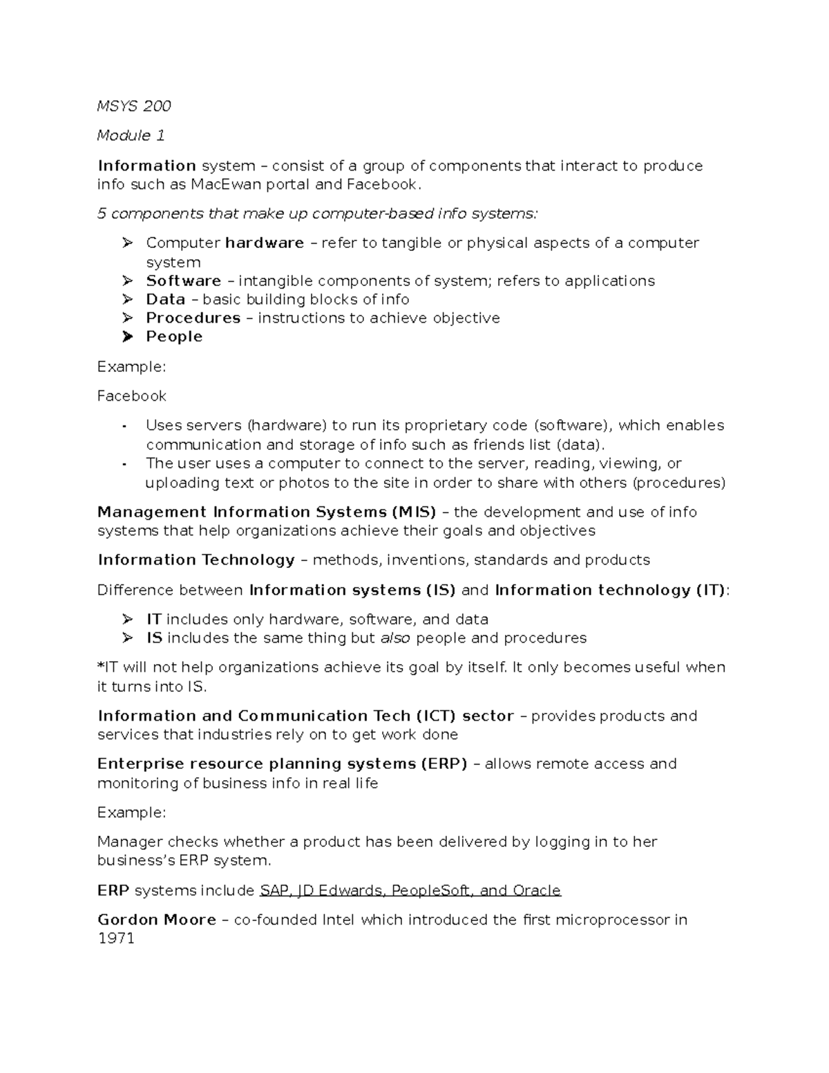 MSYS 200 - Lecture - MSYS 200 Module 1 Information system – consist of ...