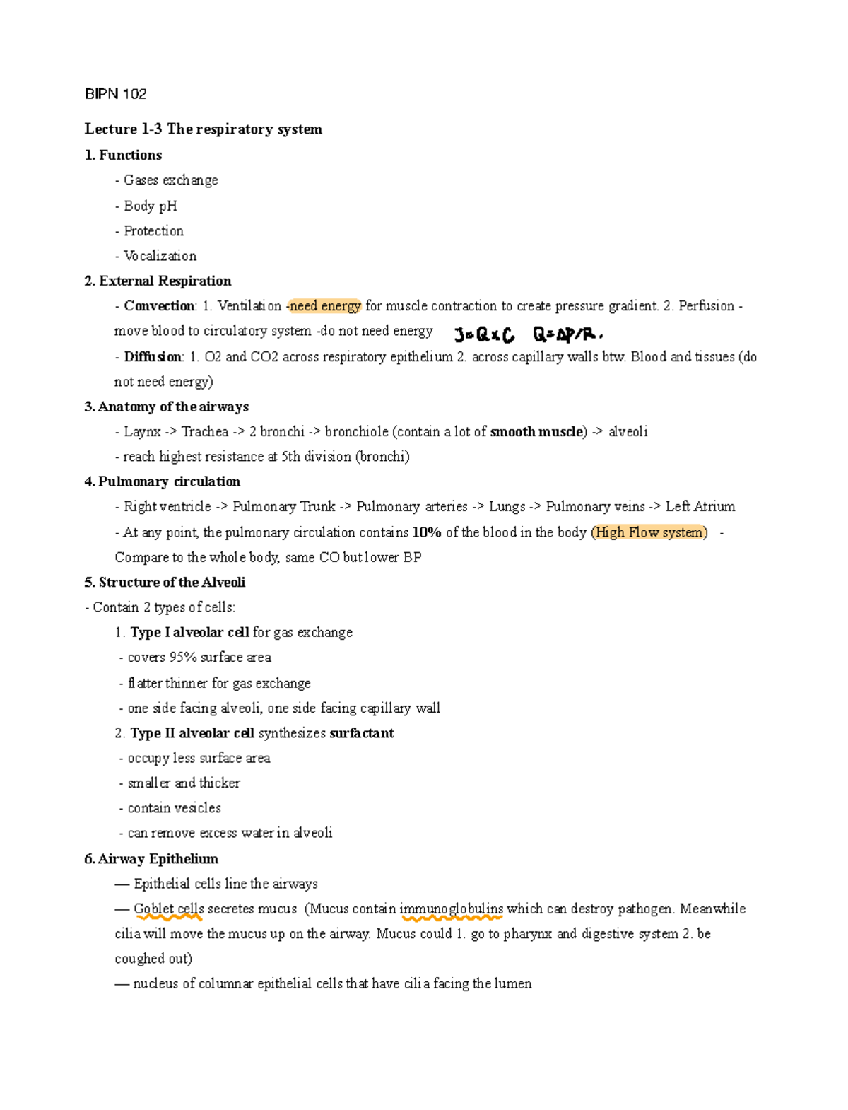 BIPN102 Review 1 - BIPN 102 ####### Lecture 1-3 The respiratory system ...