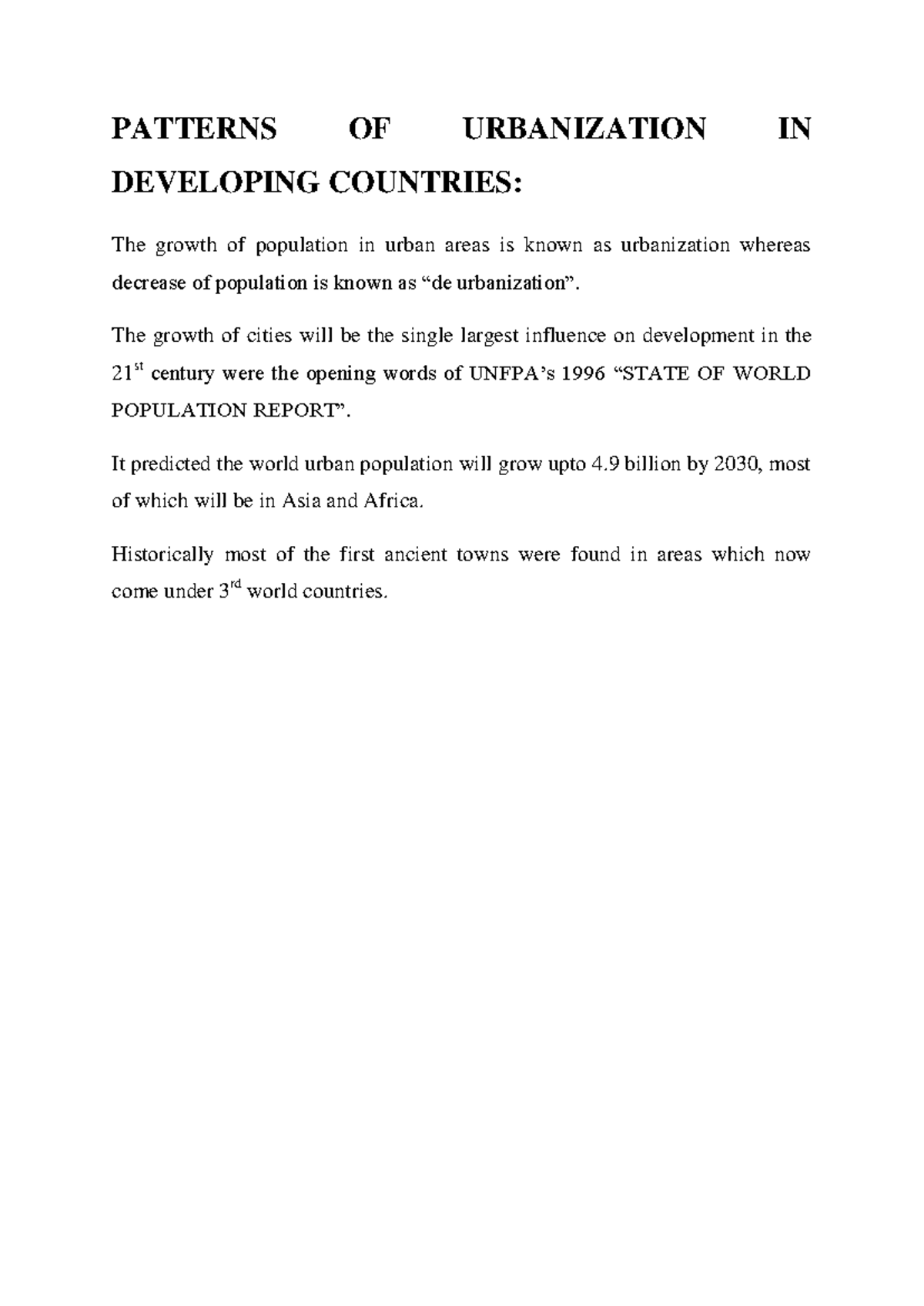 URBANIZATION PATTERNS IN THE DEVELOPING NATIONS (THIRD WORLD ...