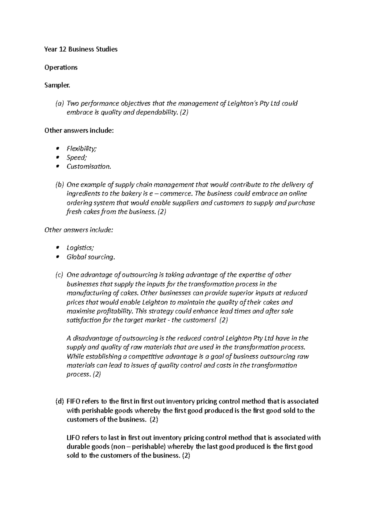 Operations sampler - Year 12 Business Studies Operations Sampler. (a ...