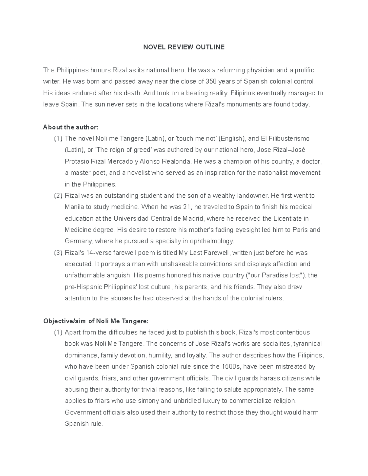 Novel Review Outline-NOLI ME Tangere - NOVEL REVIEW OUTLINE The ...