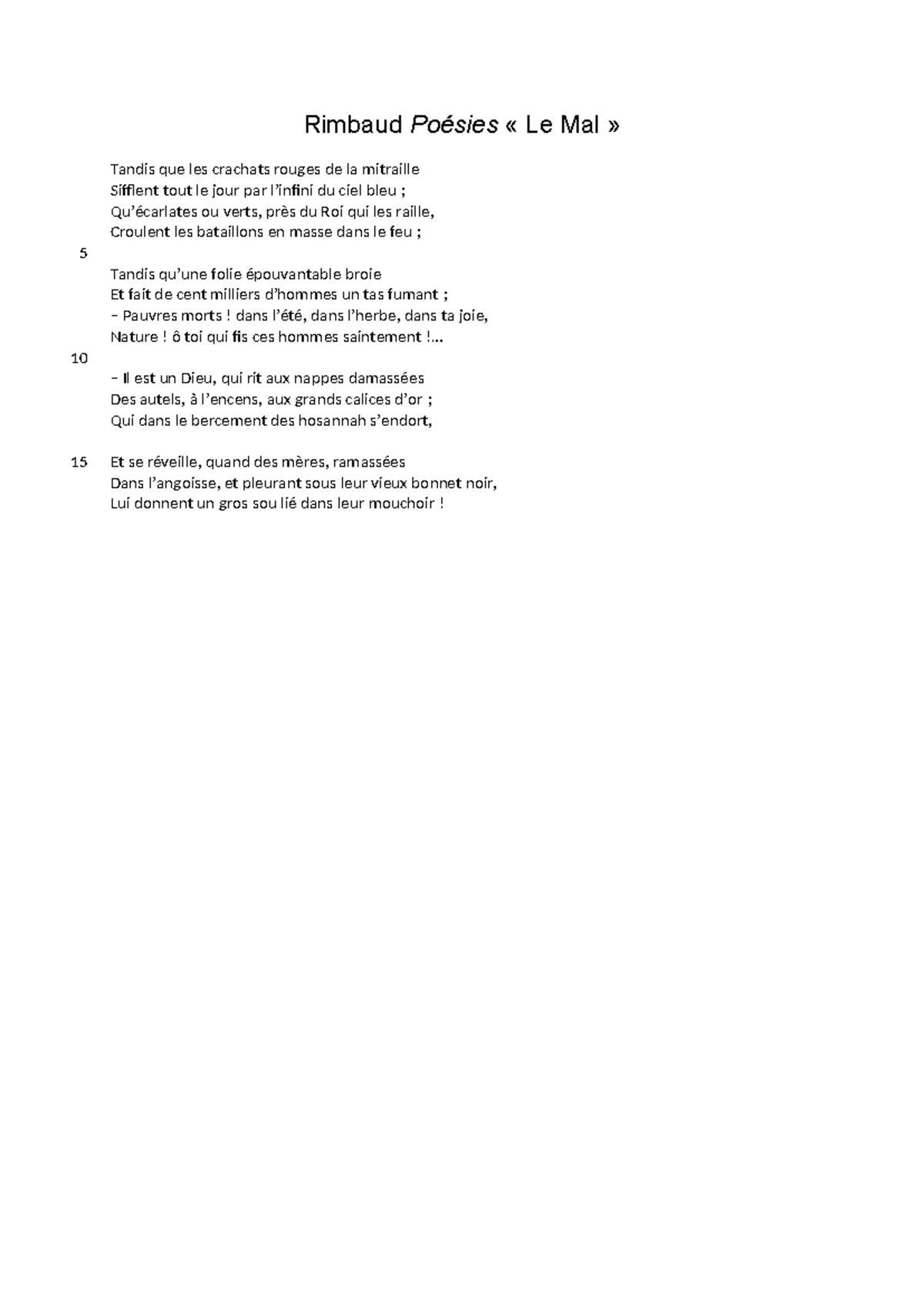 Rimbaud Le Mal - Lecture linéaire texte - Rimbaud Poésies « Le Mal ...