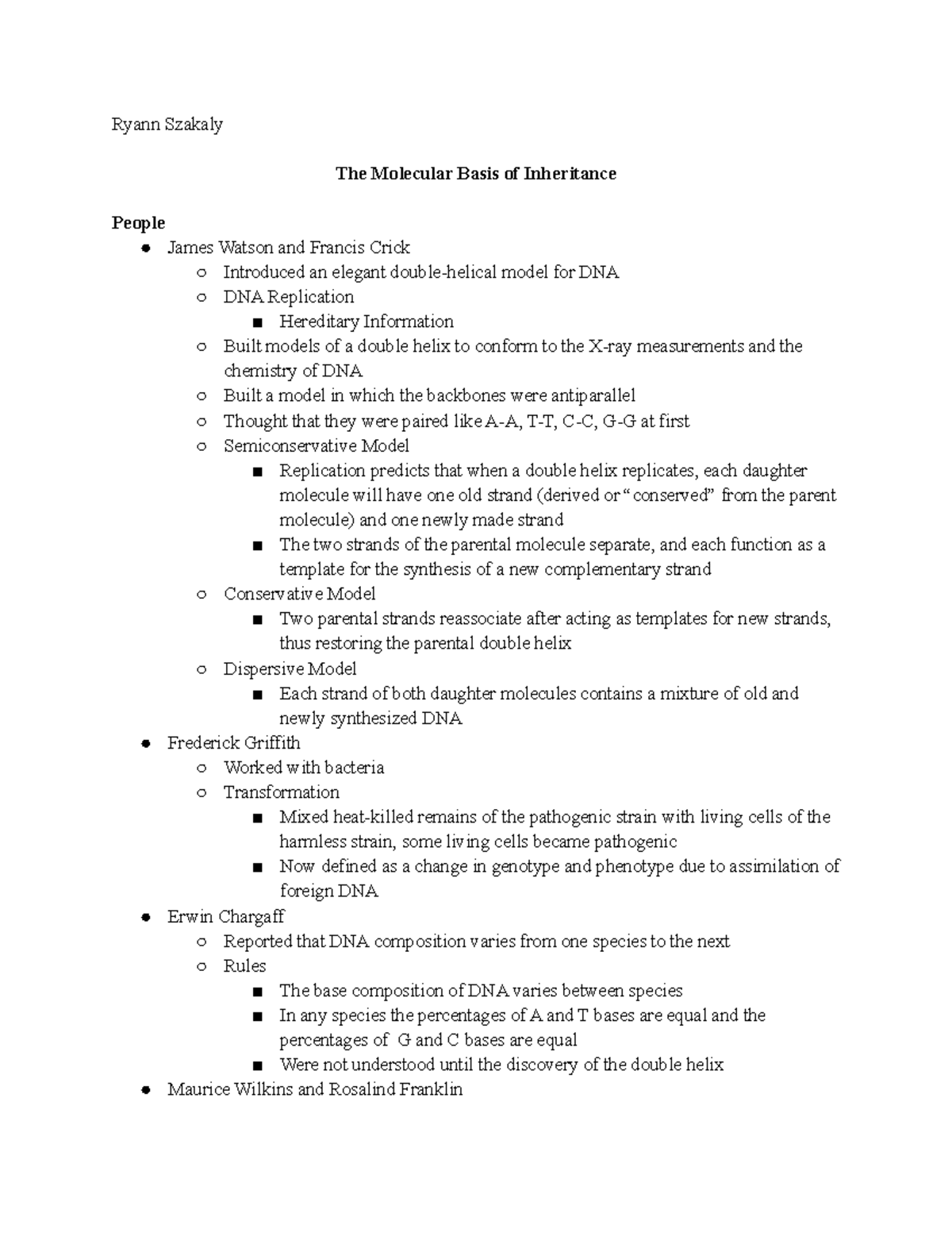 Ch. 13 Notes - The Molecular Basis of Inheritance - Ryann Szakaly The ...