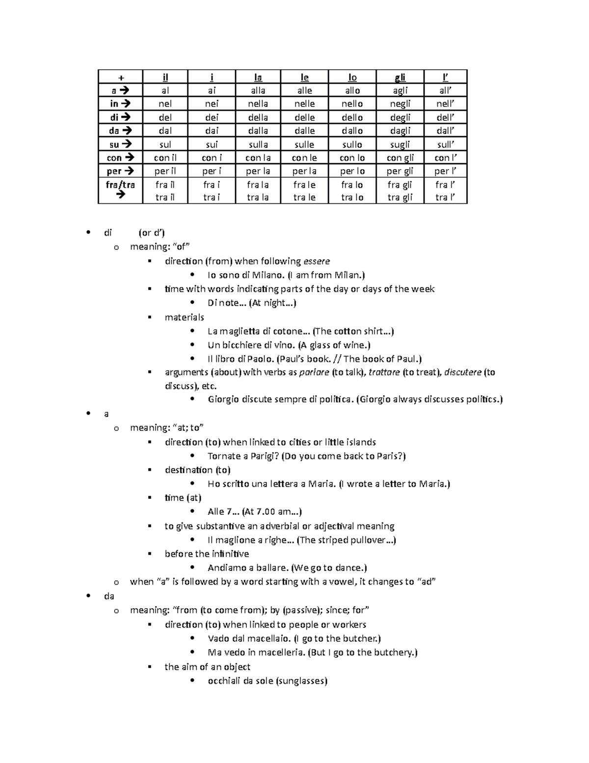 Prepositions & Info - + a in di da su con per fra/tra di o i ai nei dei ...