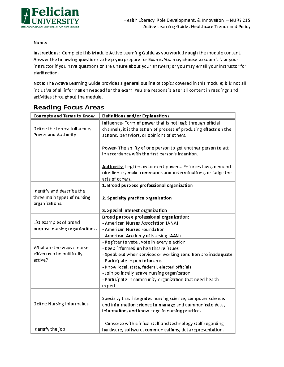 Nurs215 Module 5-Active Learning Guide Healthcare Trends and Policy ...
