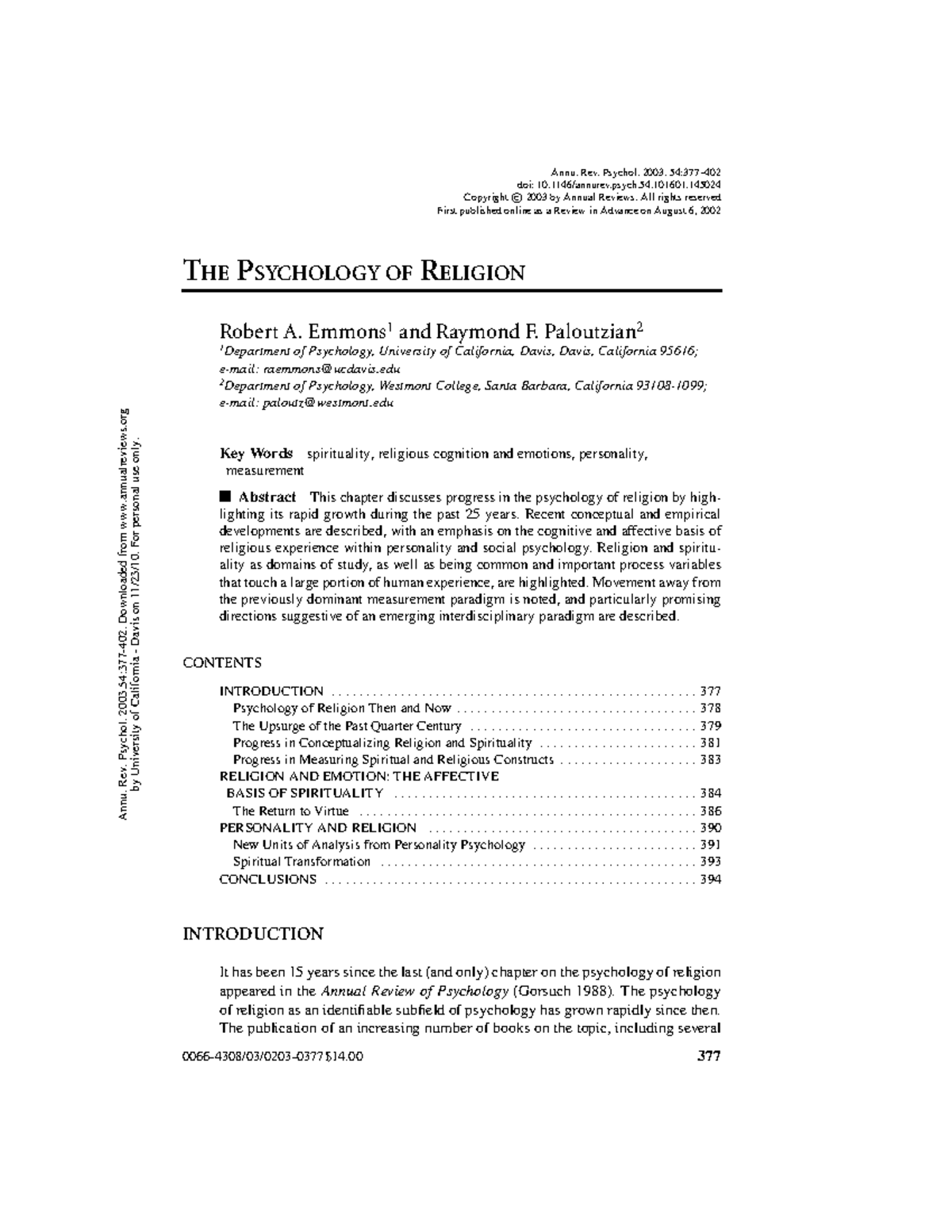 Psychology of Religion - Annu. Rev. Psychol. 2003. 54:377– doi: 10.1146 ...