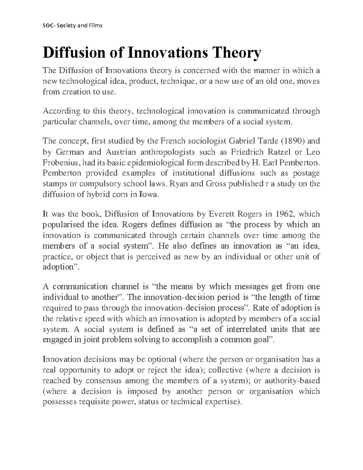 Diffusion of Innovations Theory - According to this theory ...