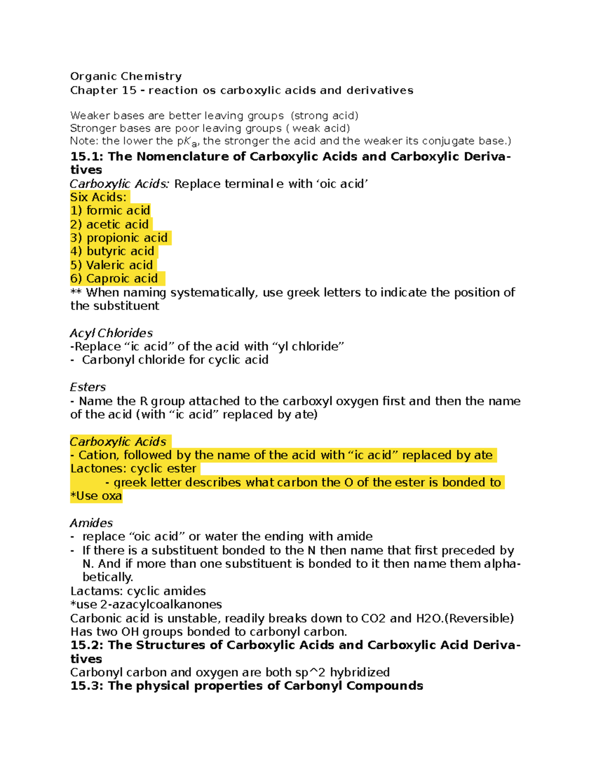 Organic Chemistry Chapter 15 Notes Reaction of carboxylic acids and ...