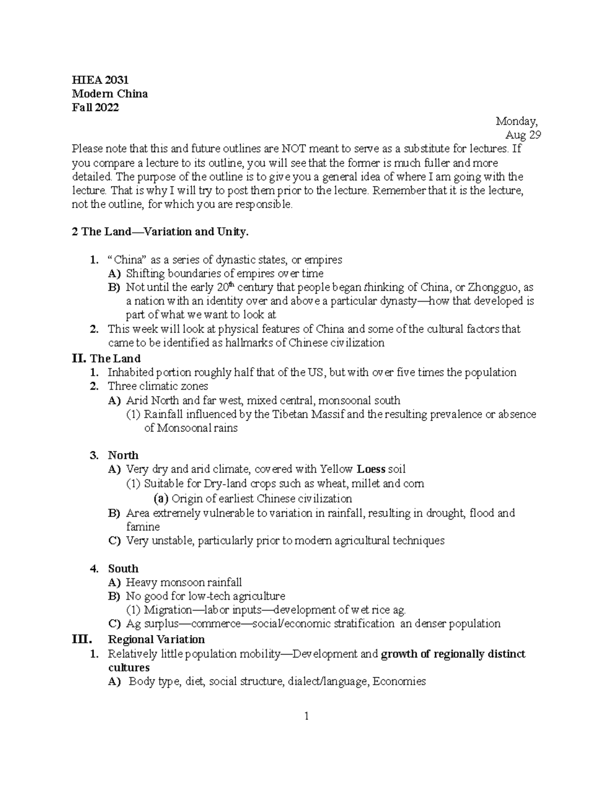 Lecture 2 - HIEA 2031 Modern China Fall 2022 Monday, Aug 29 Please note ...